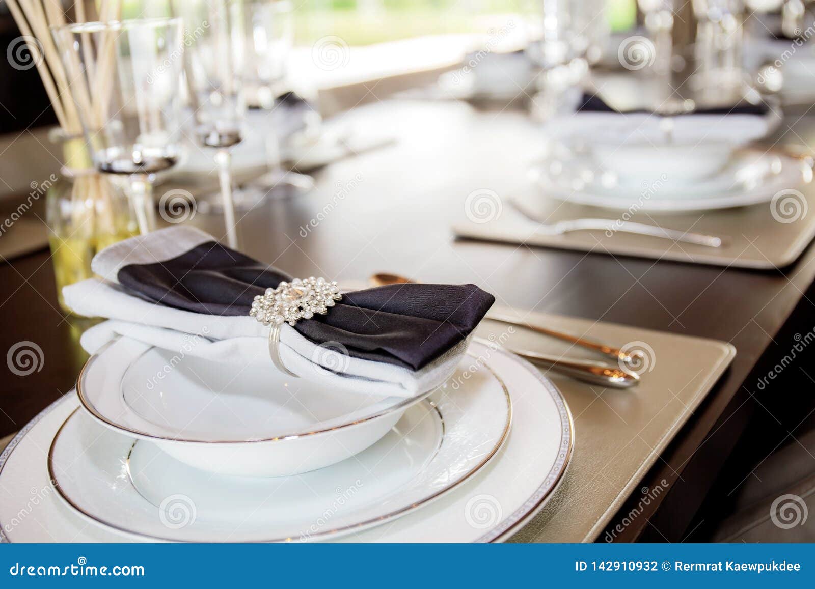 Dinnerware on table stock photo. Image of banquet, dinnerware - 142910932