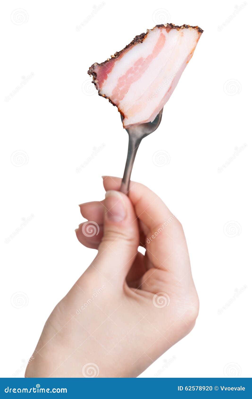 Dinning Fork with Impaled Piece of Bacon in Hand Stock Photo - Image of ...