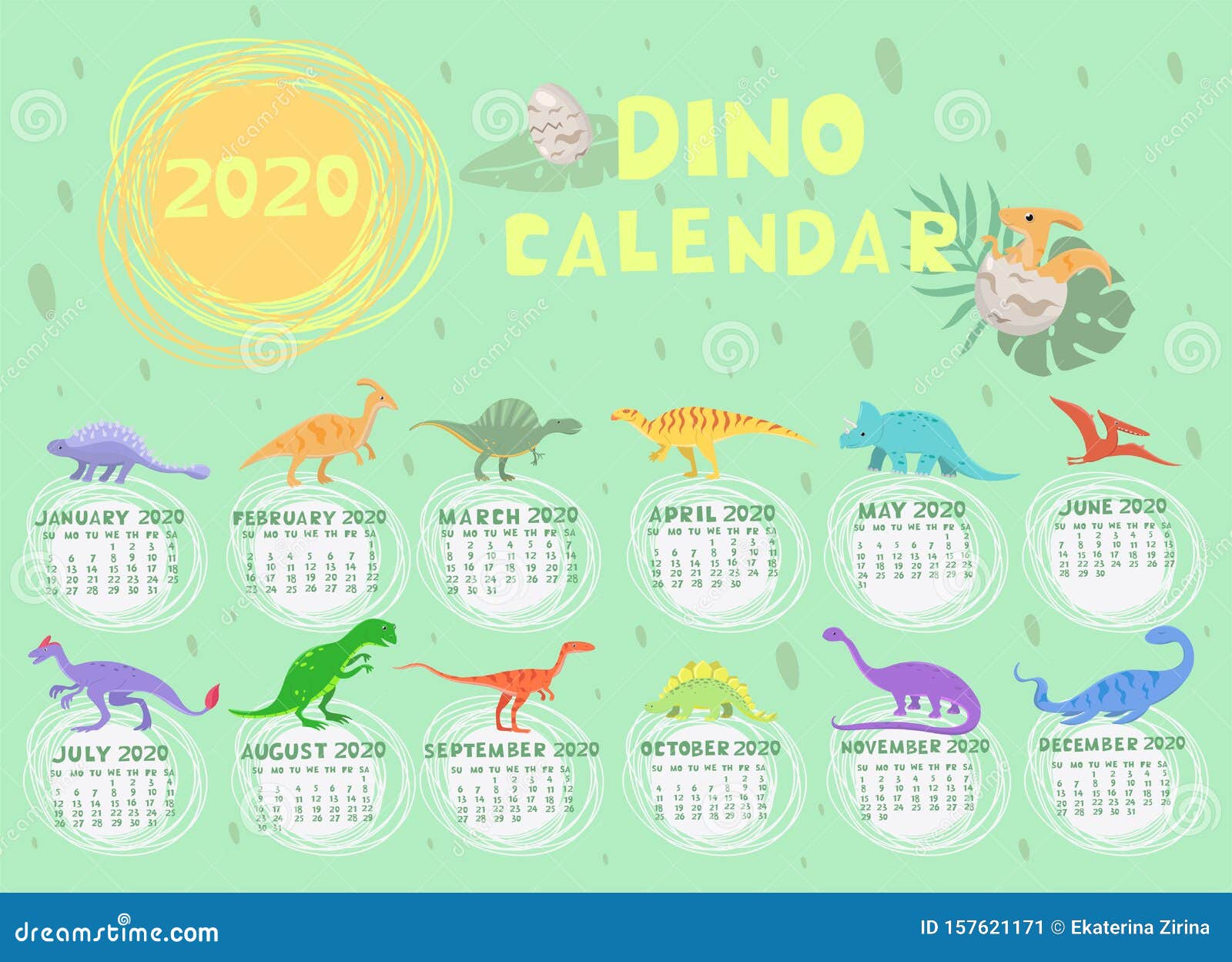 Dino Calendar 2020 in Pastel Colors. Vector Graphics Stock Illustration ...