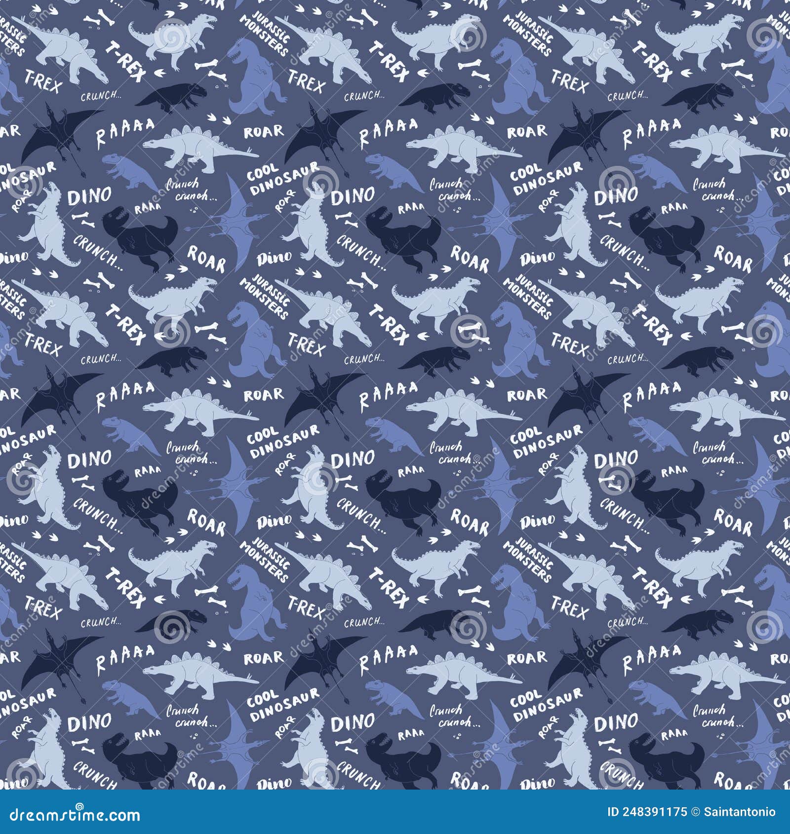 Dino Seamless Pattern, Cute Cartoon Dinosaurs Doodles Vector ...