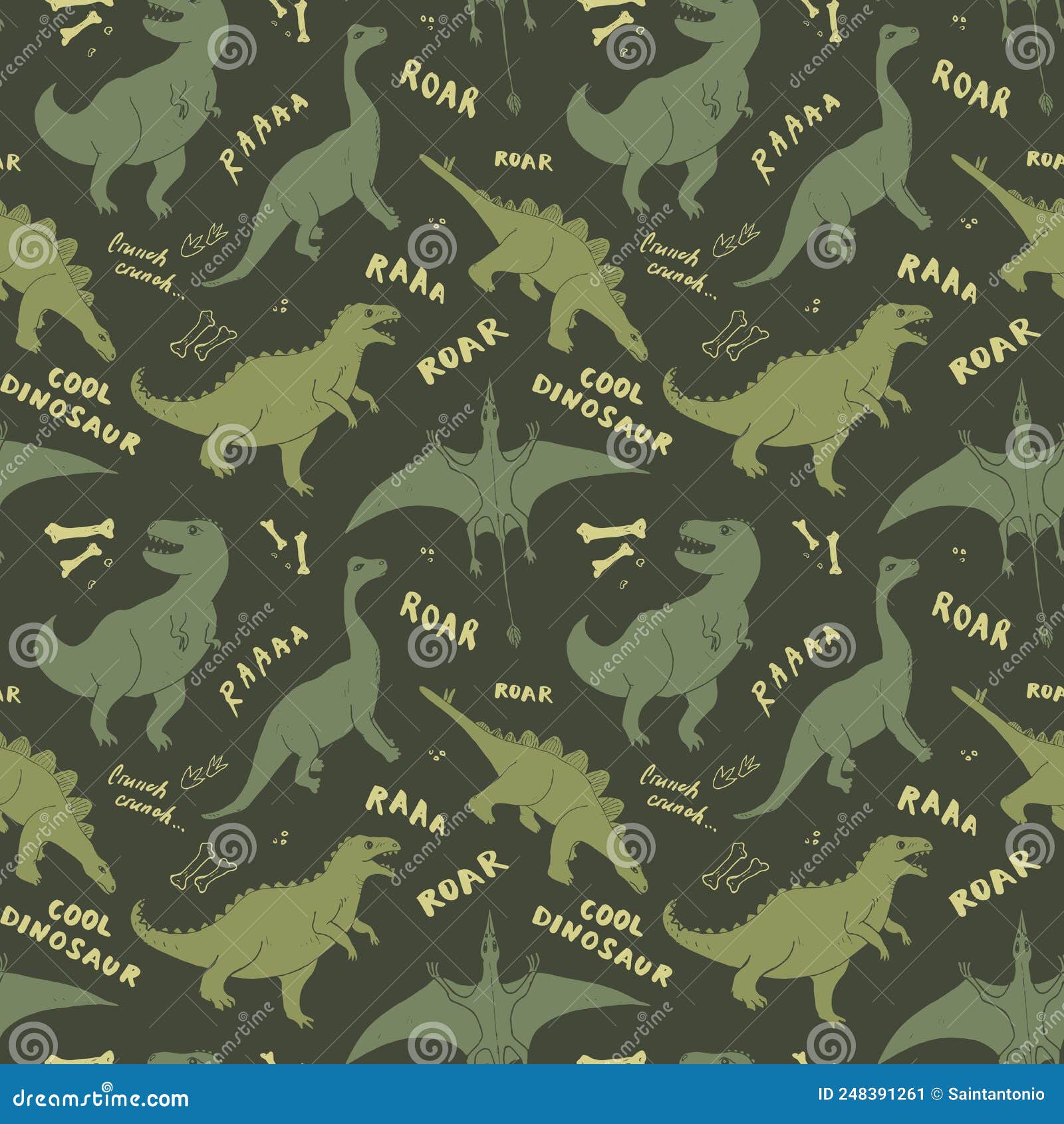 Dino Seamless Pattern, Cute Cartoon Dinosaurs Doodles Vector ...