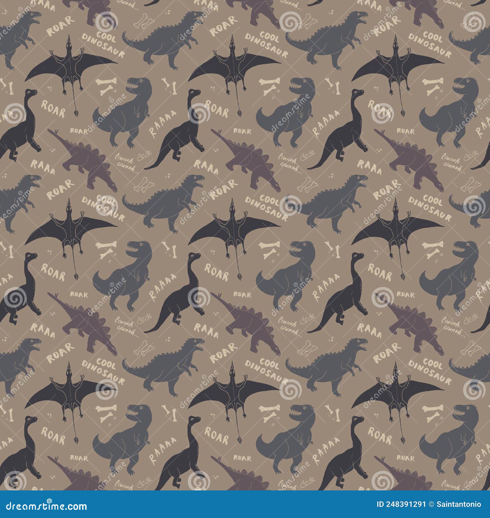 Dino Seamless Pattern, Cute Cartoon Dinosaurs Doodles Vector ...