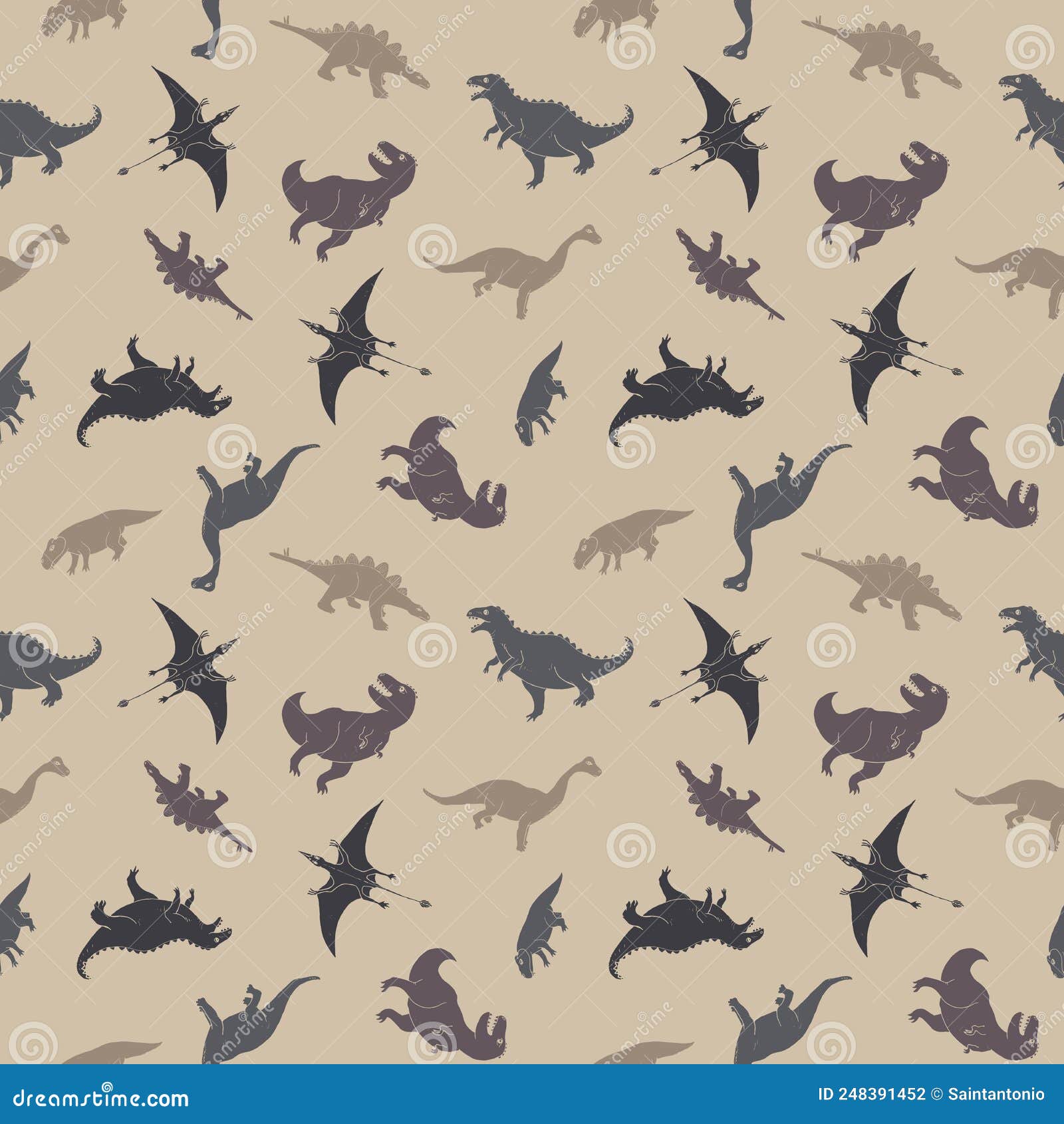 Dino Seamless Pattern, Cute Cartoon Dinosaurs Doodles Vector Illustration Stock Vector ...