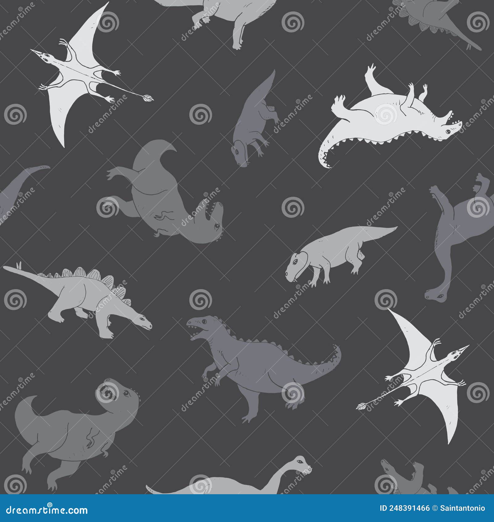 Dino Seamless Pattern, Cute Cartoon Dinosaurs Doodles Vector ...