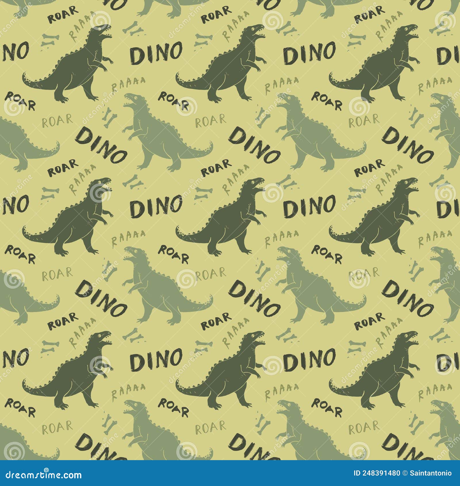 Dino Seamless Pattern, Cute Cartoon Dinosaurs Doodles Vector ...