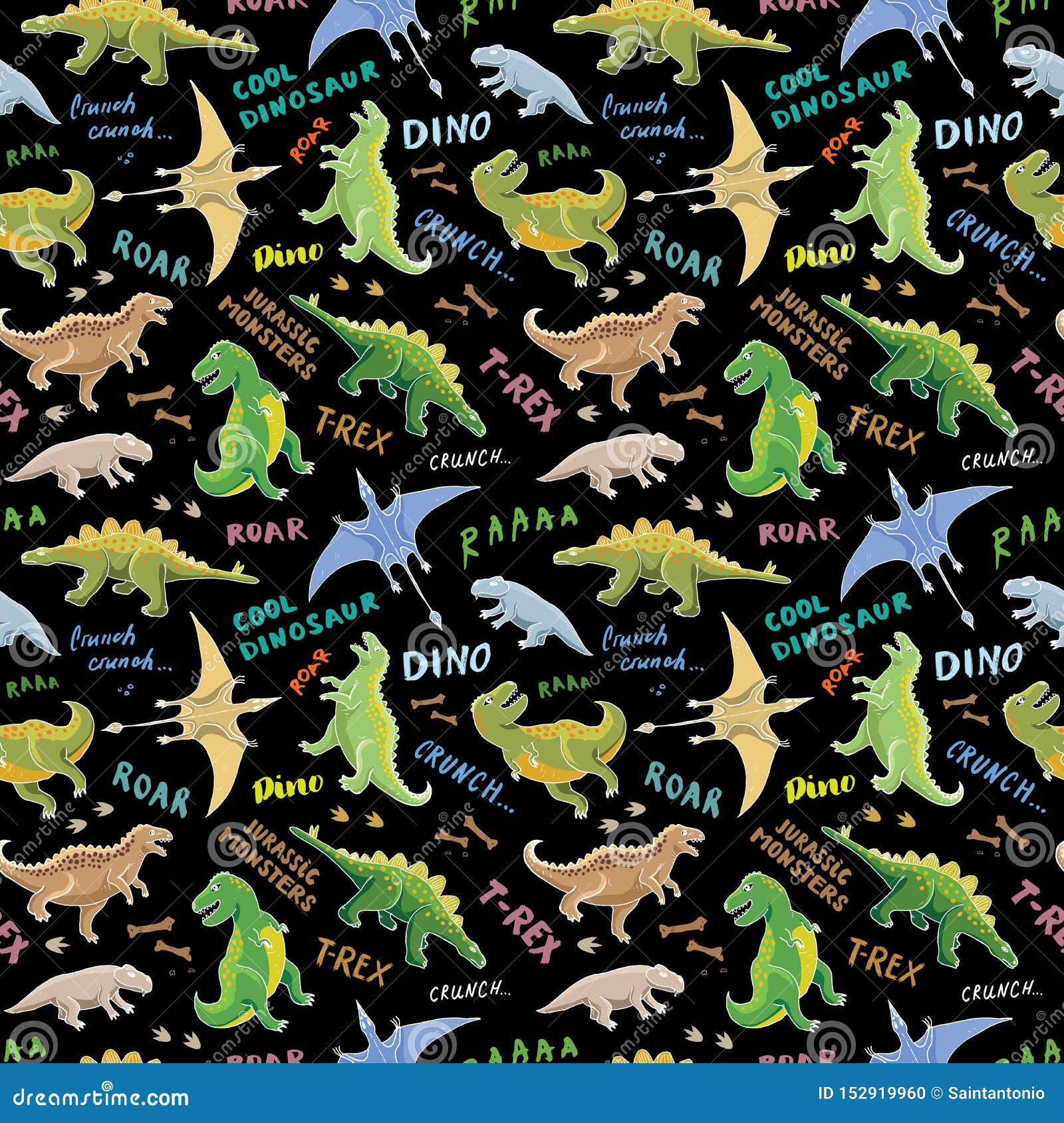 Dino Seamless Pattern, Cute Cartoon Hand Drawn Dinosaurs Doodles Vector ...