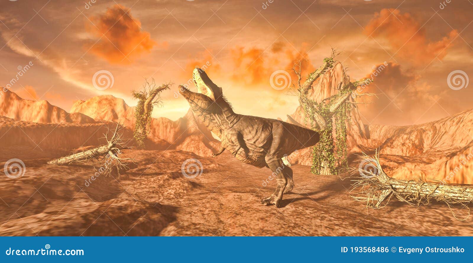 Dinosaur on the Background of Rocky Terrain among Broken Trees Stock ...