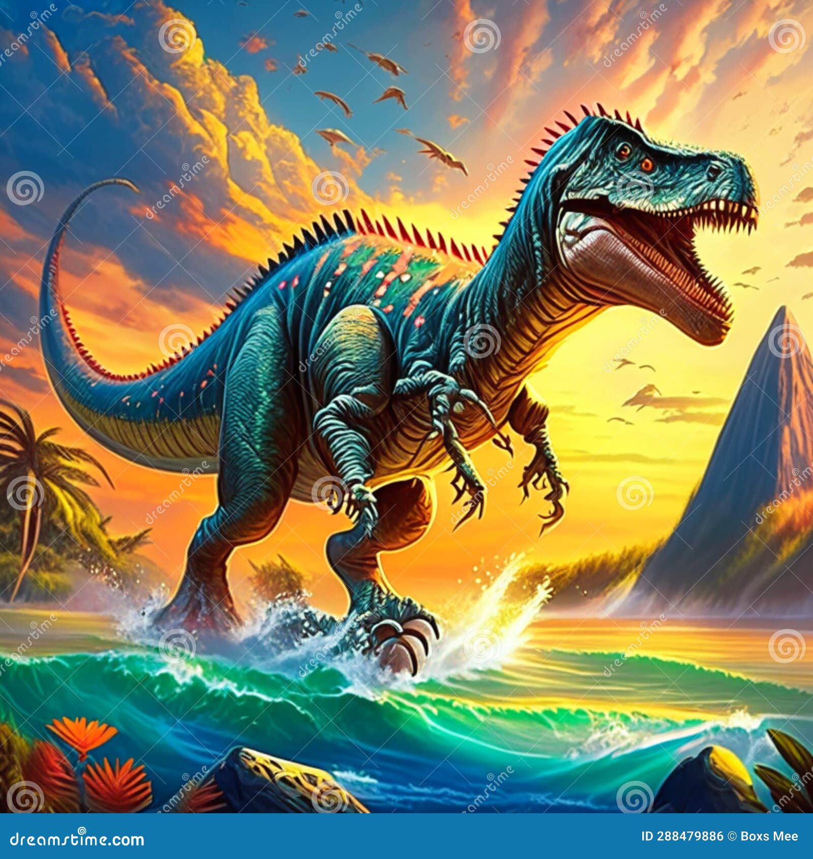 Dinosaur on the Beach at Sunset - 3d Render Illustration. Generative AI ...