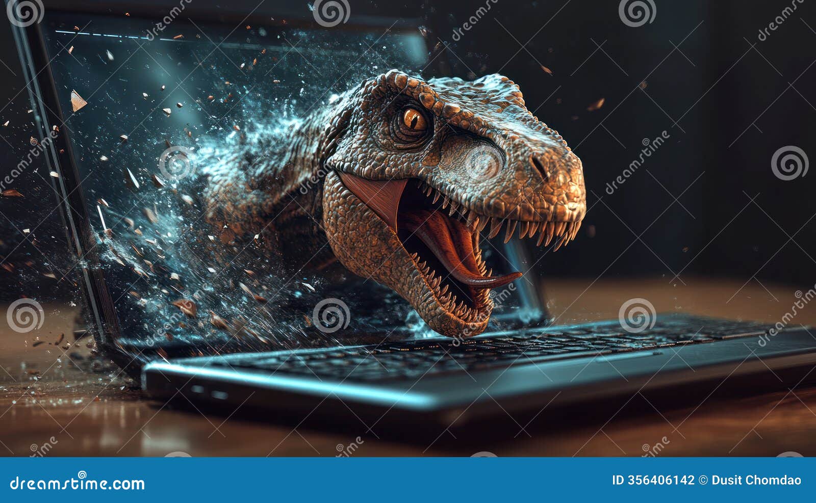 Dinosaur Breaking Out of Computer Screen, Creating Thrilling Scene at ...
