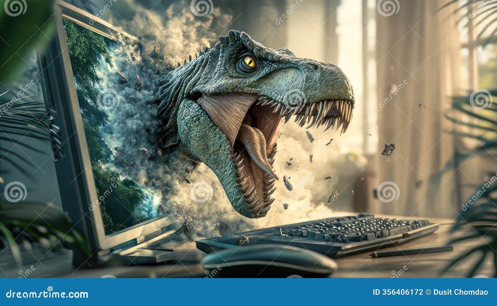Dinosaur Breaking Out of Computer Screen in Home Setting, Creating ...