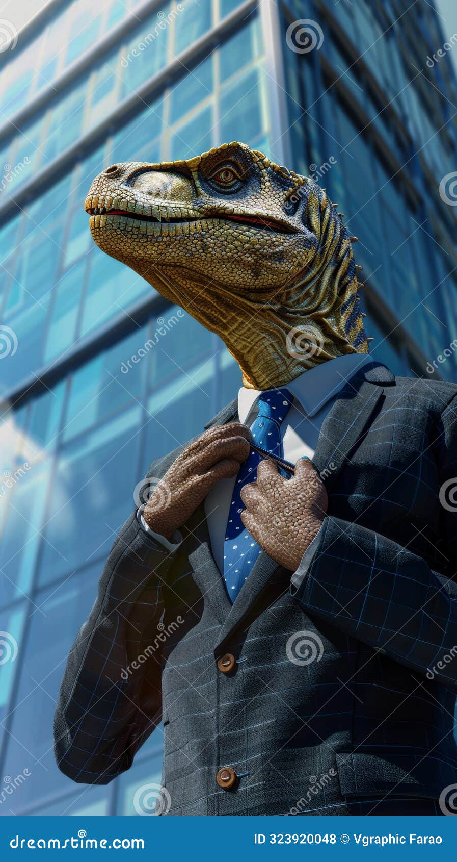 Dinosaur in Business Suit Adjusting Tie in Front of Modern Skyscraper ...