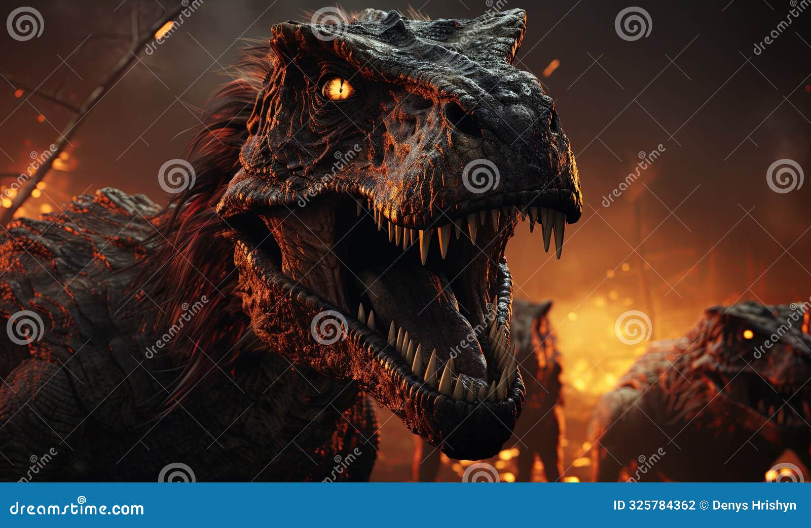 Dinosaur Close-Up with Fire in Background Stock Photo - Image of ...