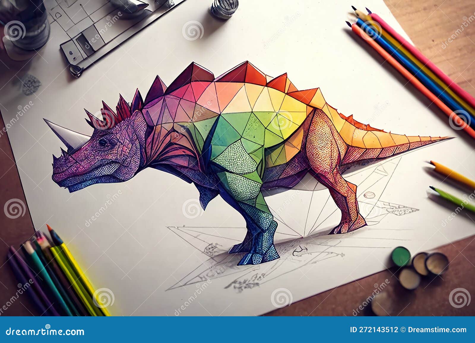 The Dinosaur is Drawn on a Sheet of White Paper in Low Poly Style, in ...