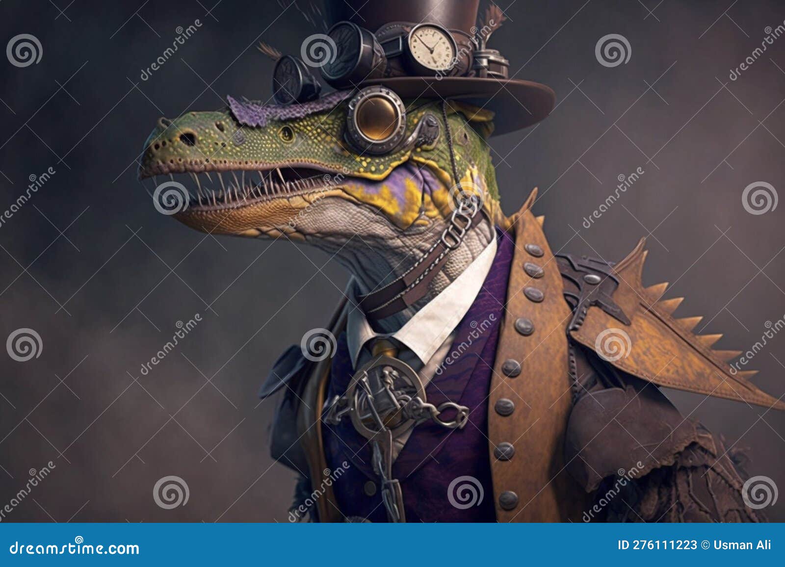 A Dinosaur is Dressed in a Steampunk Outfit in the Front. AI Stock ...