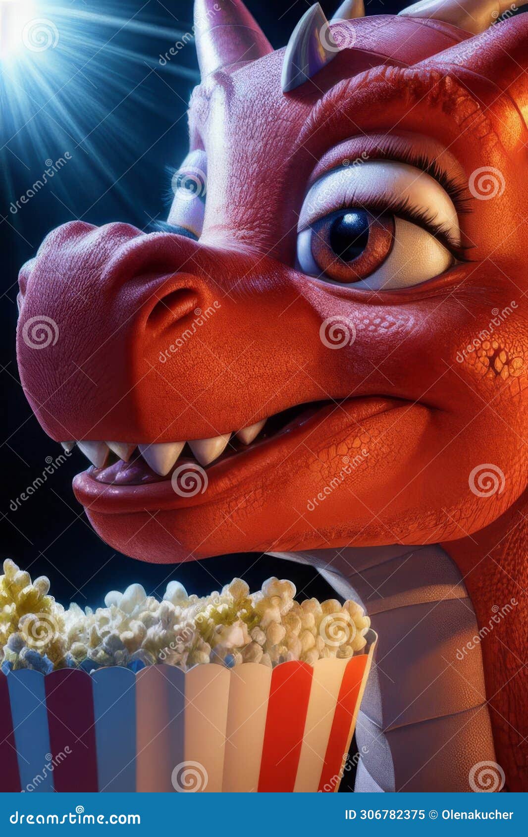 Cute Red Dragon Eats Popcorn and Watches a Movie Stock Illustration ...