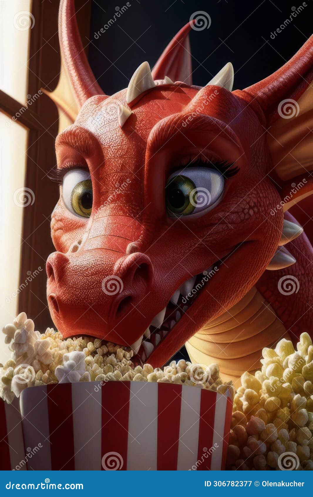 Cute Red Dragon Eats Popcorn and Watches a Movie Stock Illustration ...