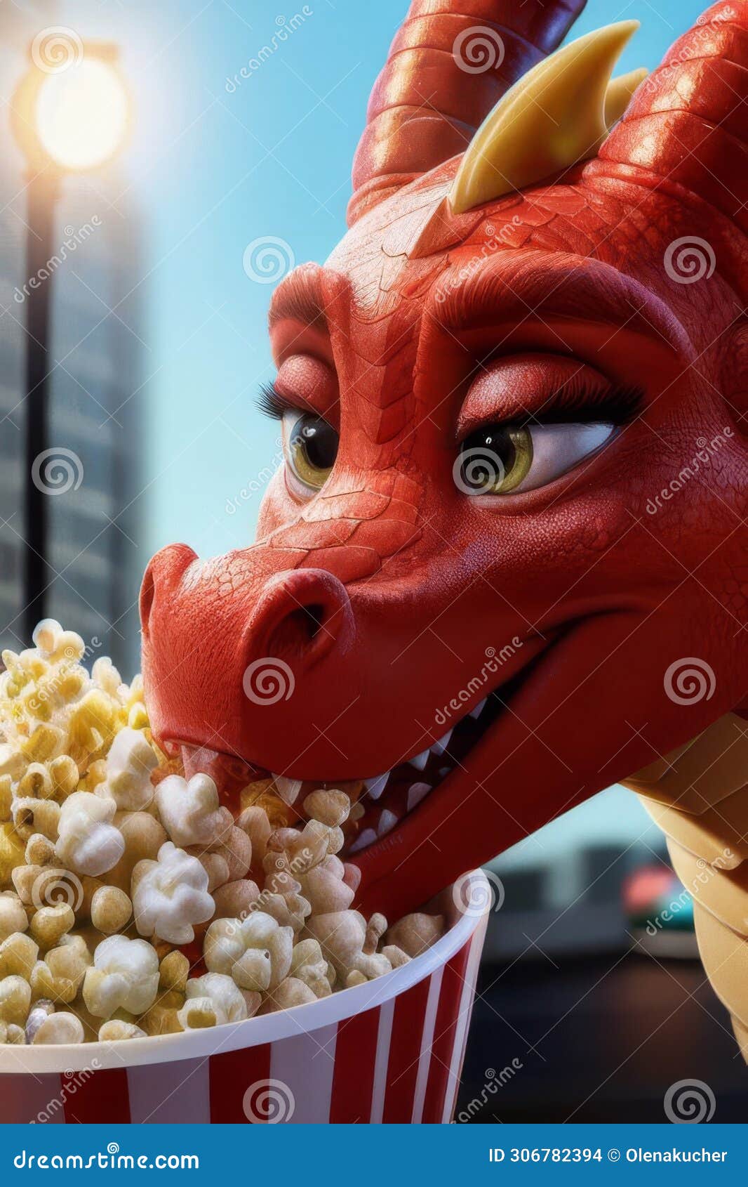 Cute Red Dragon Eats Popcorn and Watches a Movie Stock Illustration ...