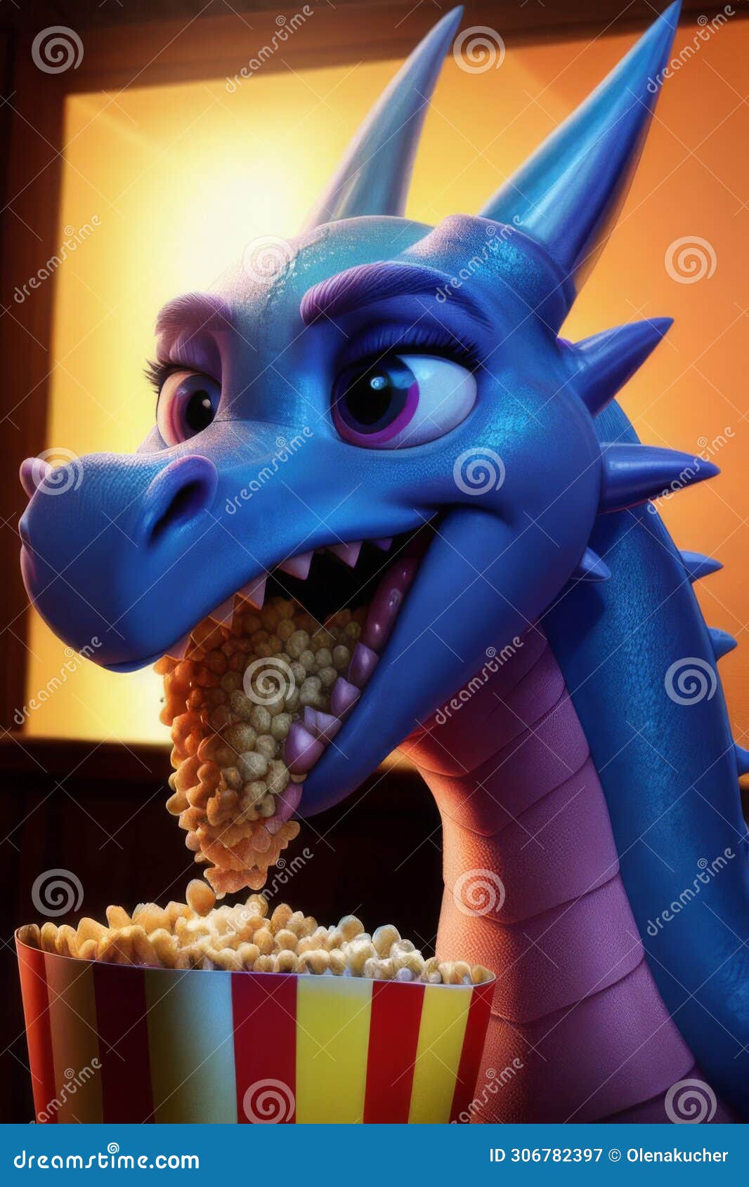 Cute Dragon Eats Popcorn and Watches a Movie Stock Illustration ...