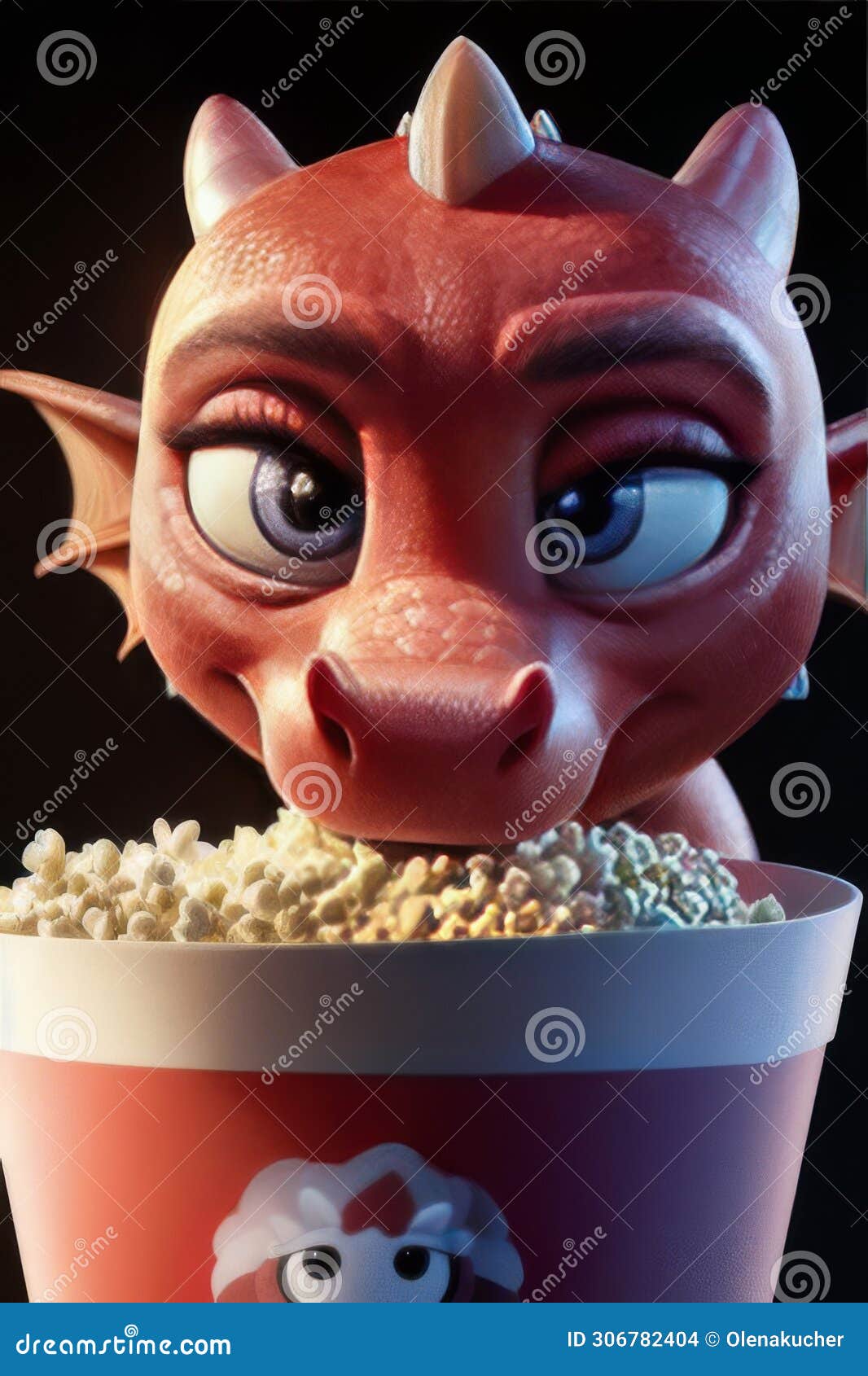 Cute Red Dragon Eats Popcorn and Watches a Movie Stock Illustration ...
