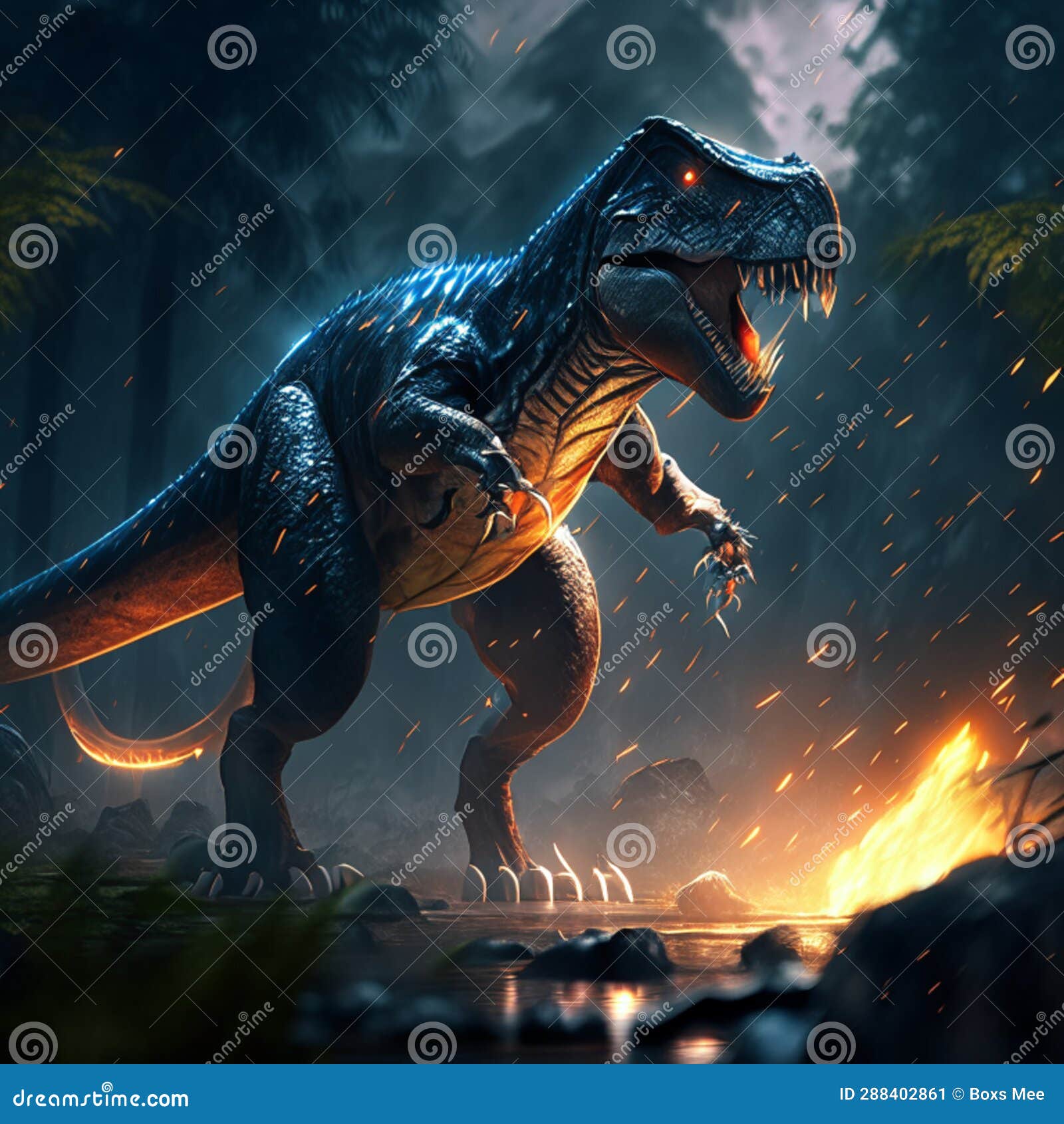 Dinosaur with Fire in the Background. 3d Rendering and Illustration ...