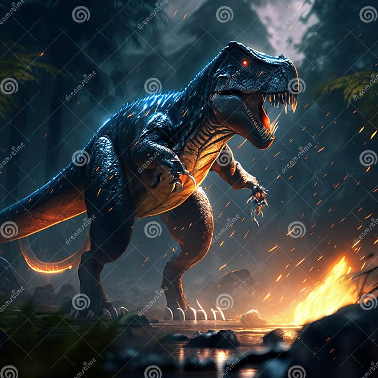 Dinosaur with Fire in the Background. 3d Rendering and Illustration ...