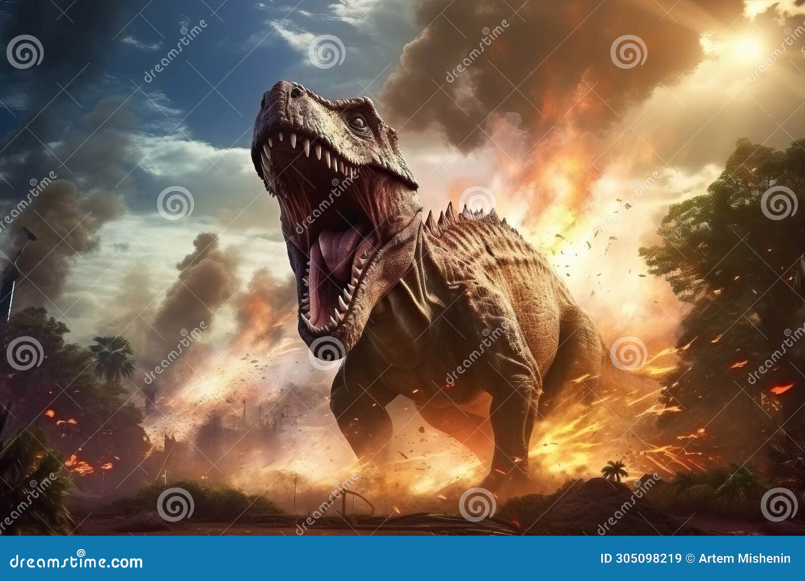 Dinosaur in the Fire with Blue Sky and Clouds Background. Stock ...