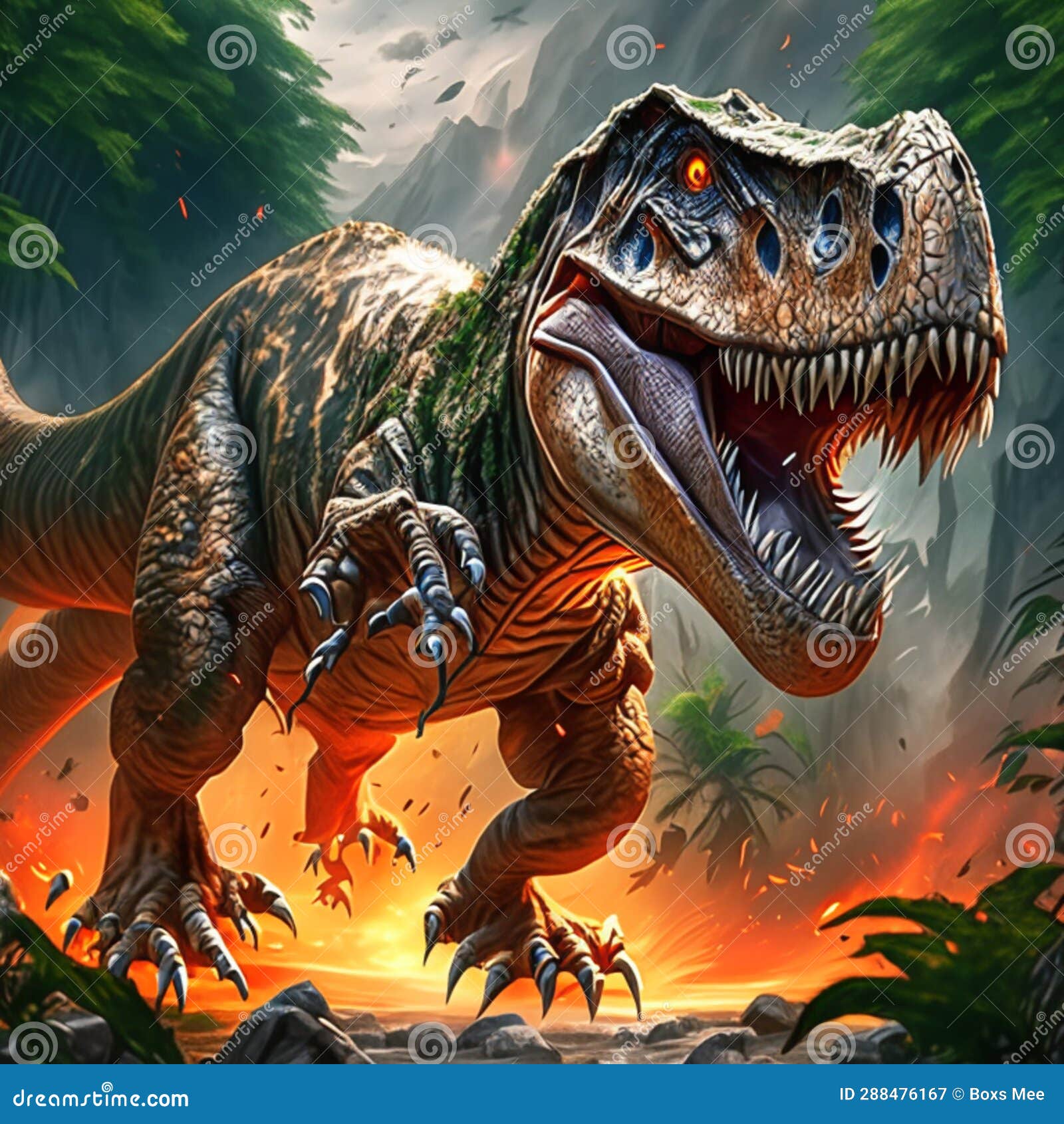Dinosaur on Fire in the Forest, 3d Rendering. Computer Digital Drawing ...
