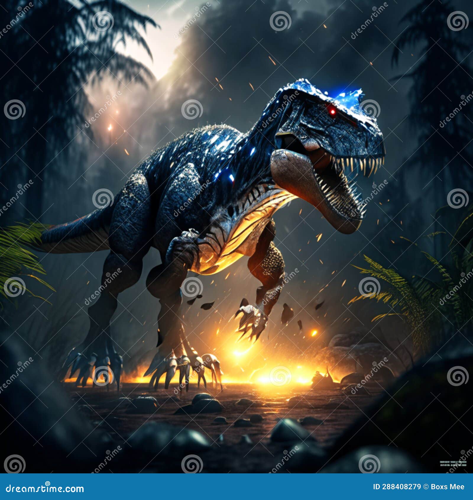 Dinosaur with Fire in the Night Forest. 3d Rendering Stock Illustration ...