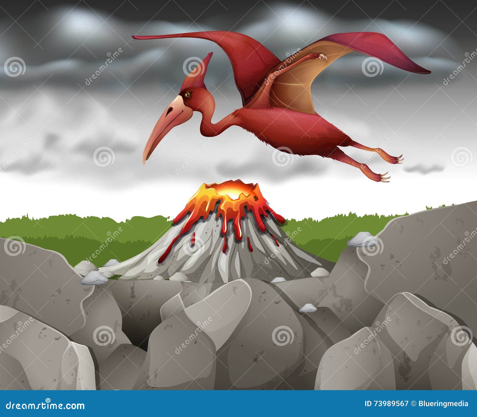 Dinosaur Flying Over the Volcano Stock Vector - Illustration of ...
