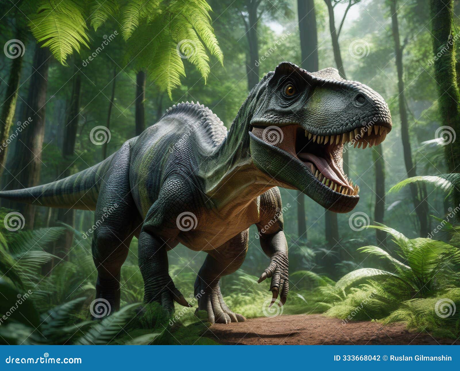 Dinosaur In The Forest On The Background Of Green Trees. A Large ...
