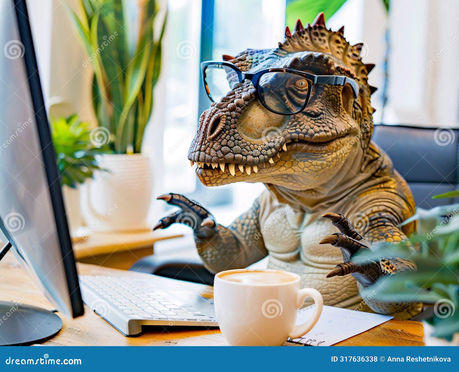 A Dinosaur with Glasses Works at a Computer. Artificial Intelligence ...