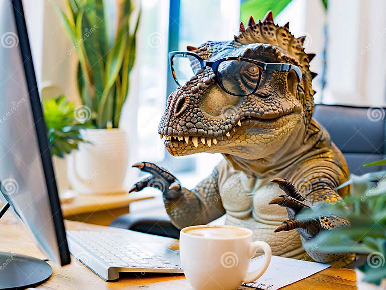 A Dinosaur with Glasses Works at a Computer. Artificial Intelligence ...