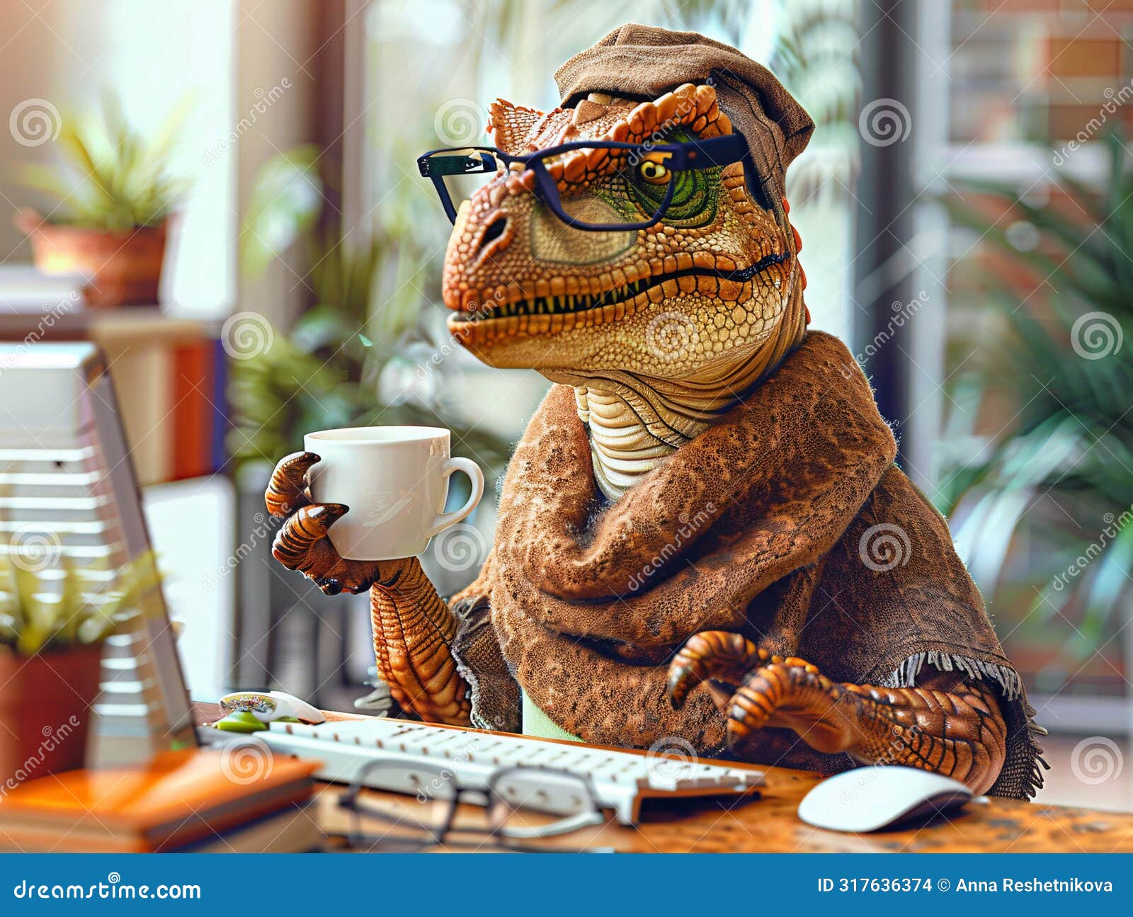 A Dinosaur with Glasses Works at a Computer. Artificial Intelligence ...