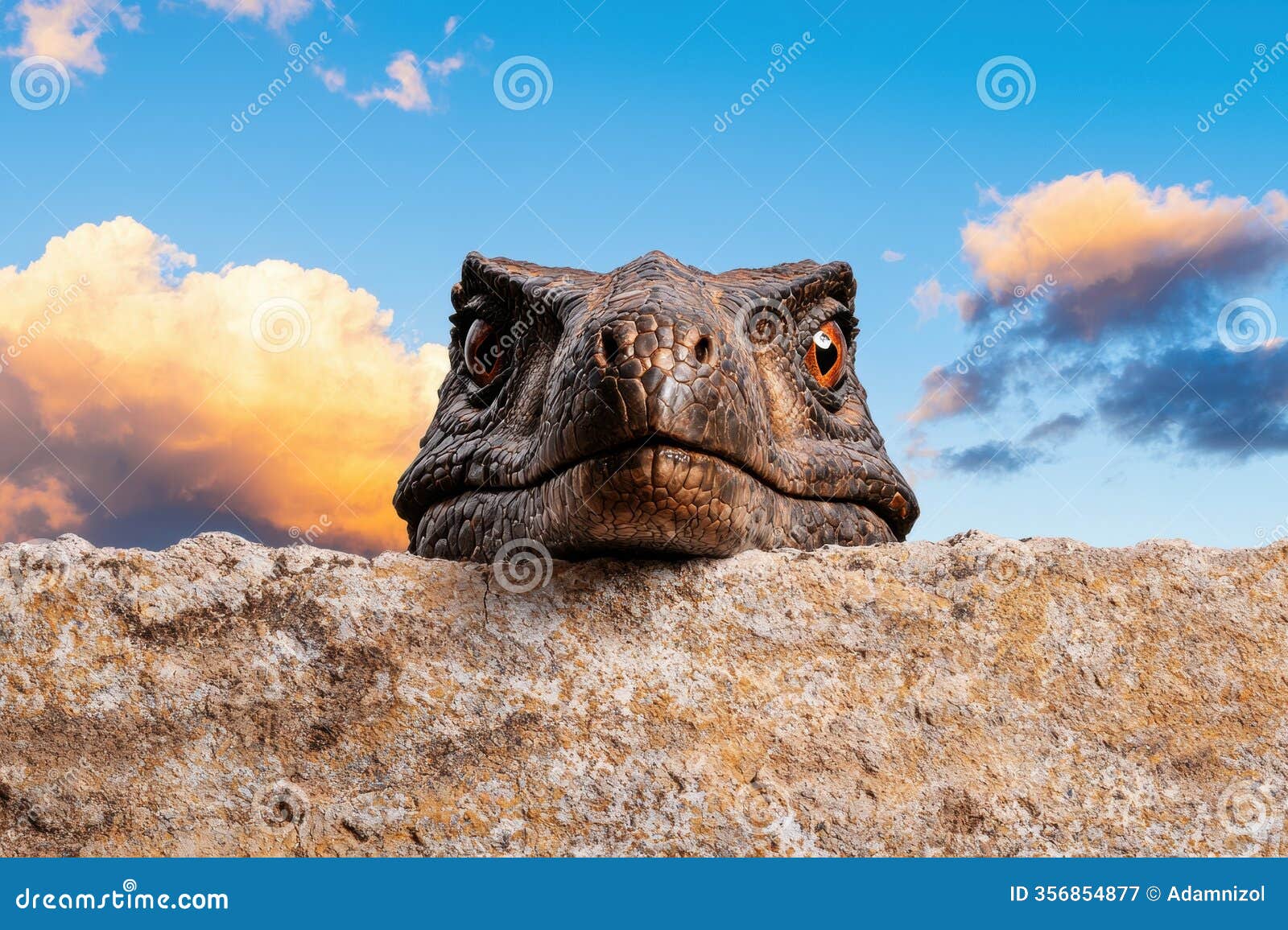 Dinosaur Head Peeking Over a Rock Wall Stock Illustration ...