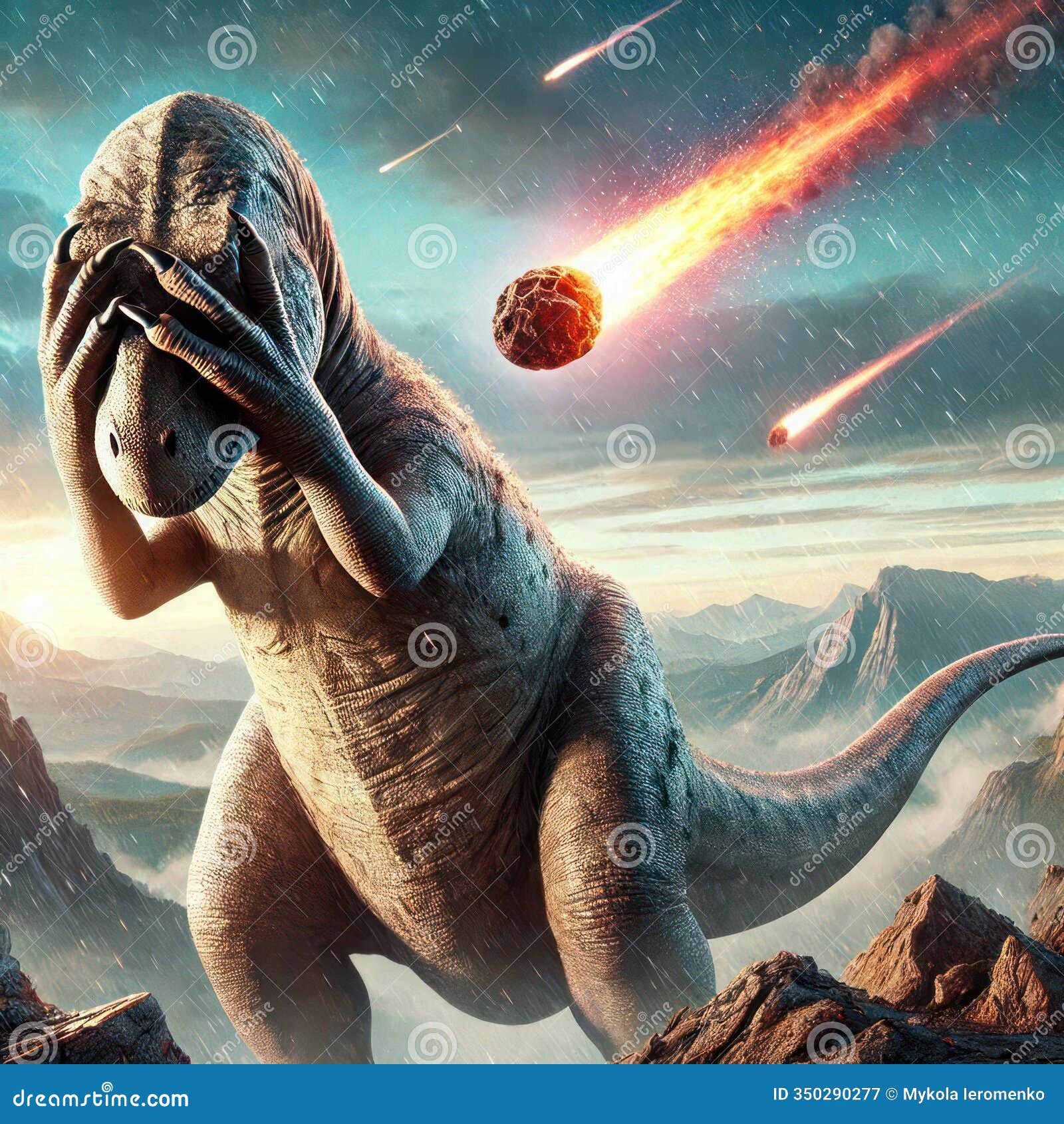 A Dinosaur Hides His Face from a Falling Meteorite. Stock Image - Image ...