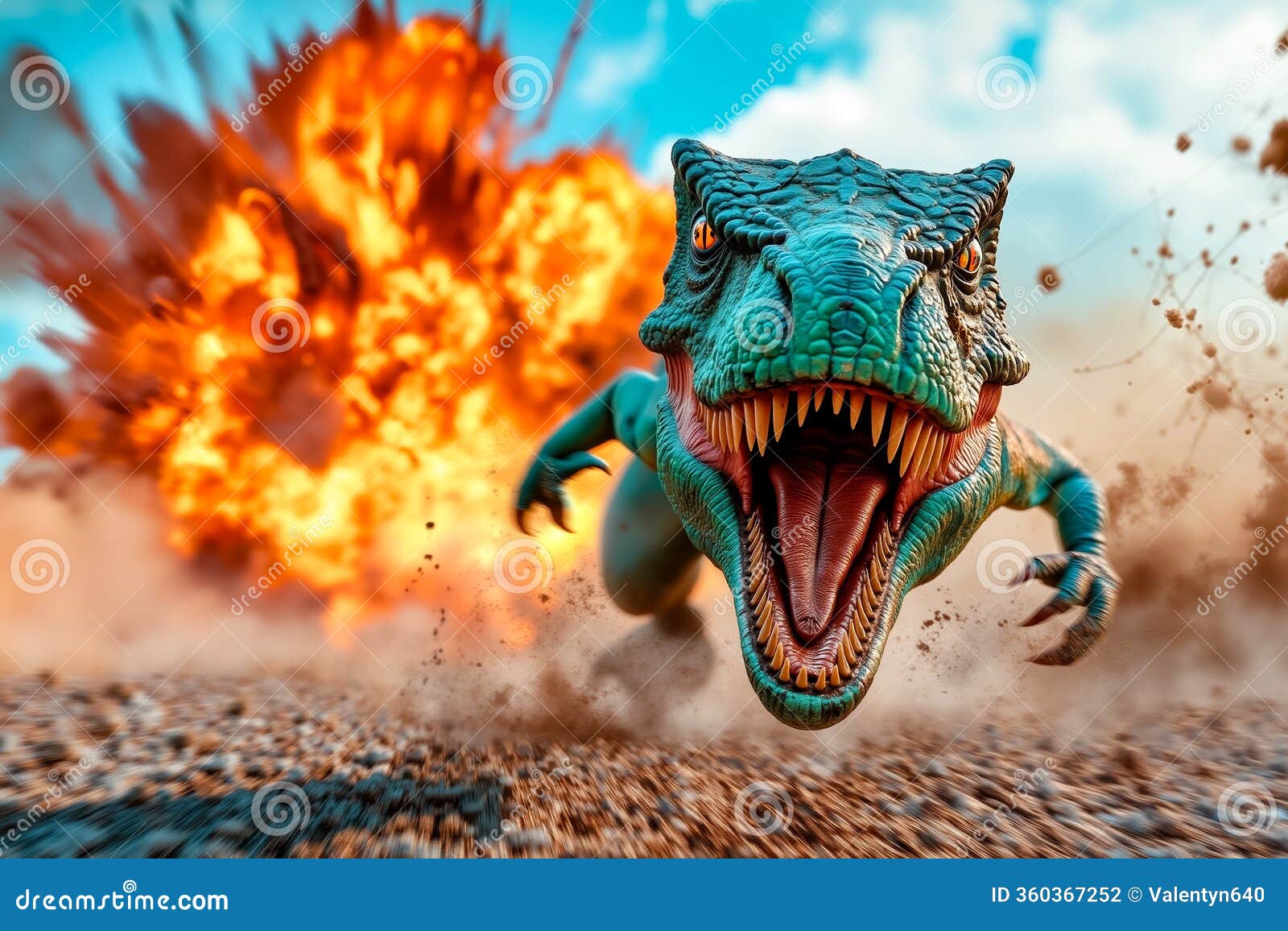 A Dinosaur with Its Mouth Open in Front of a Large Explosion Stock ...