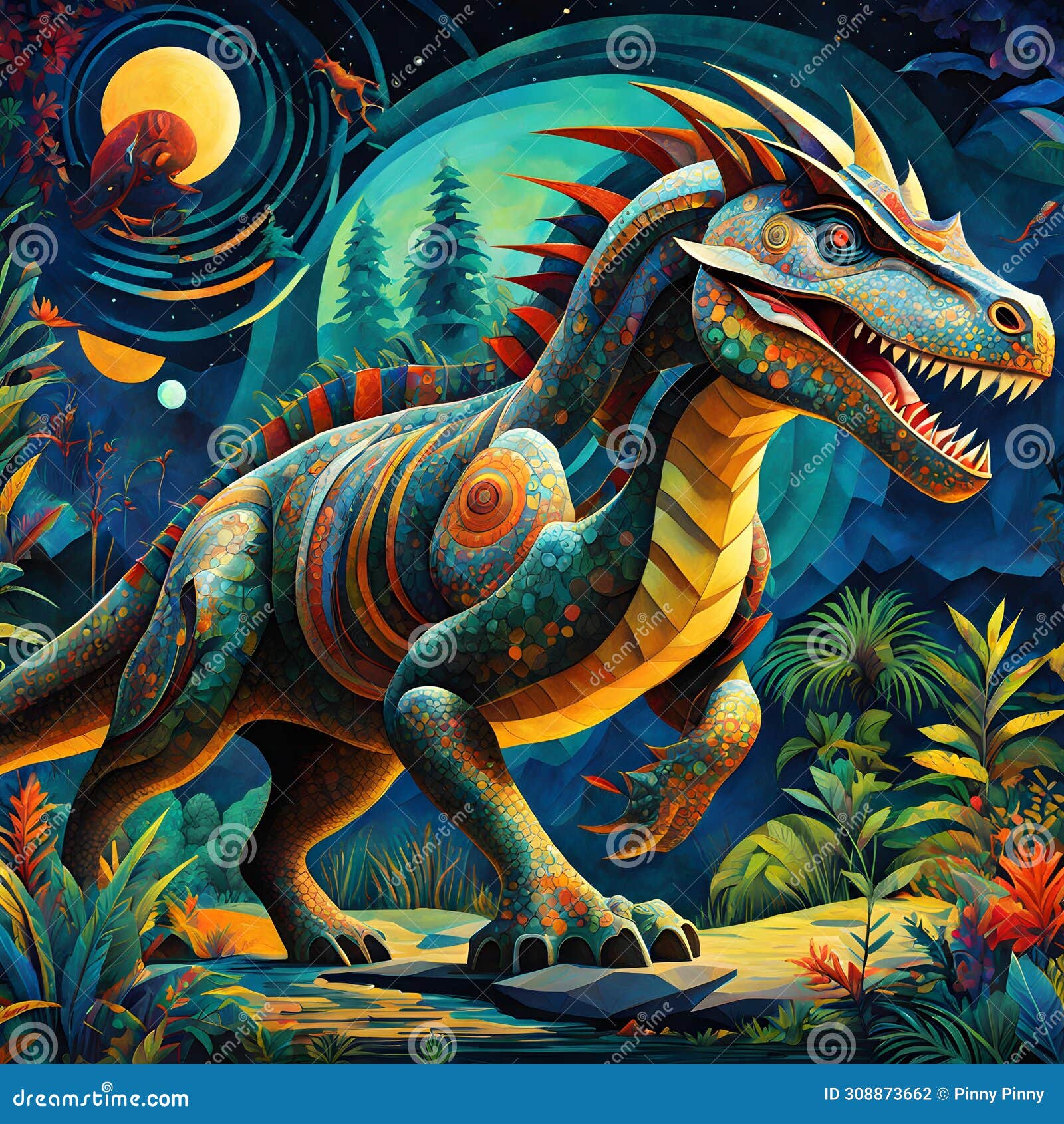 The Dinosaur in a Jungle, with Complex Background, Moon, Tree, Plants ...