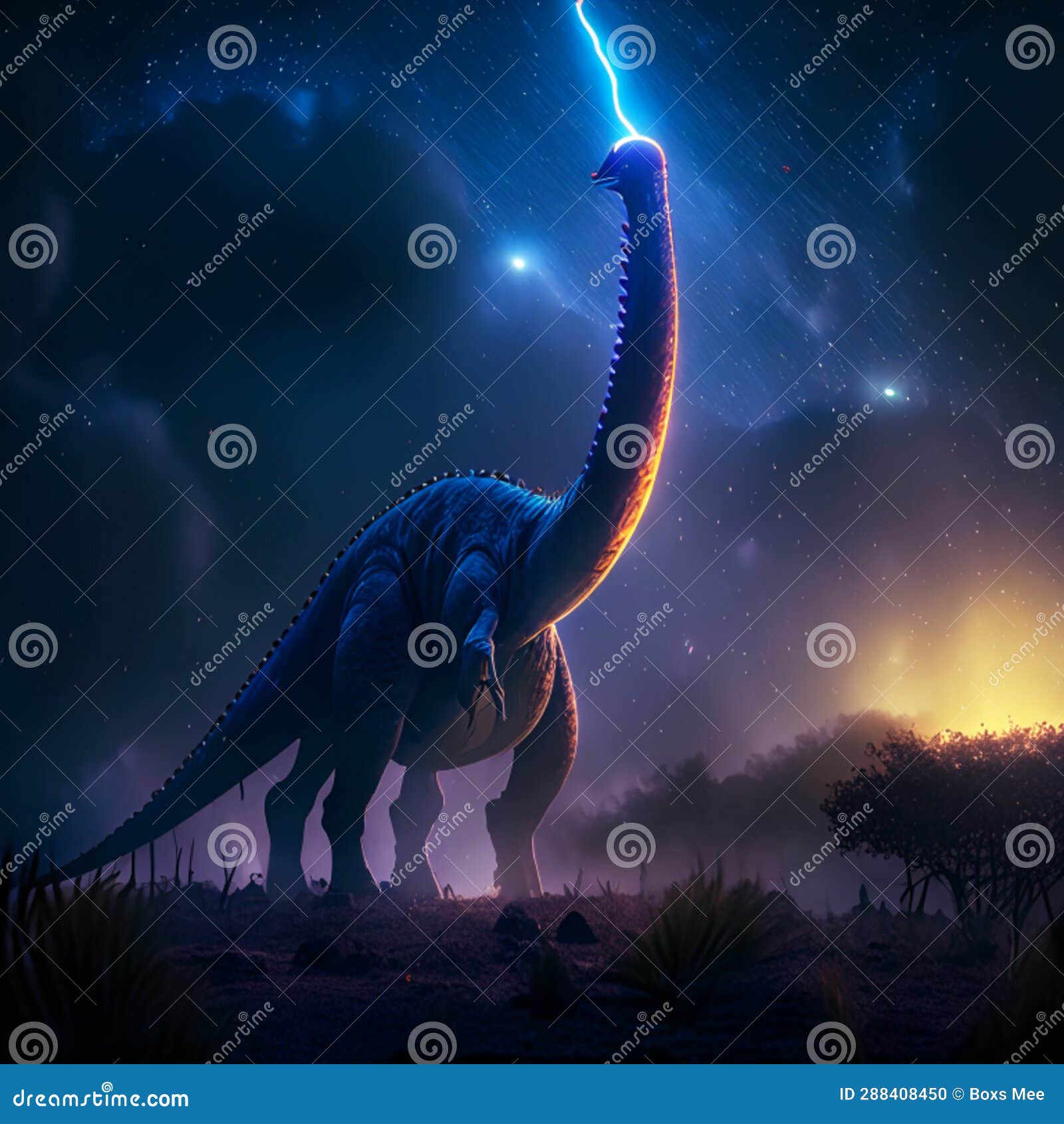 Dinosaur with Lightning in the Night Sky. 3d Rendering Stock ...