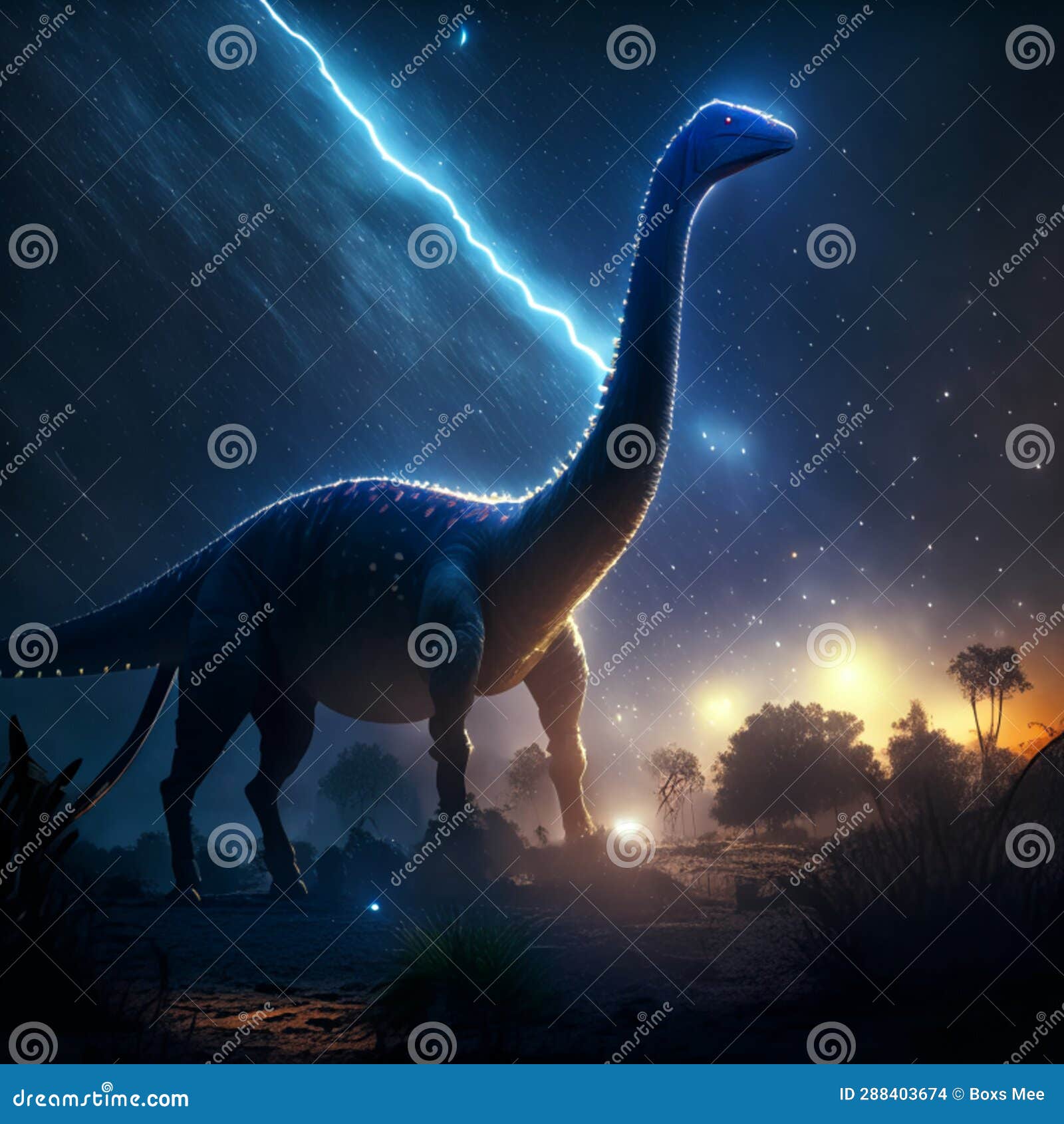 Dinosaur with Lightning in the Night Sky. 3d Rendering Stock ...