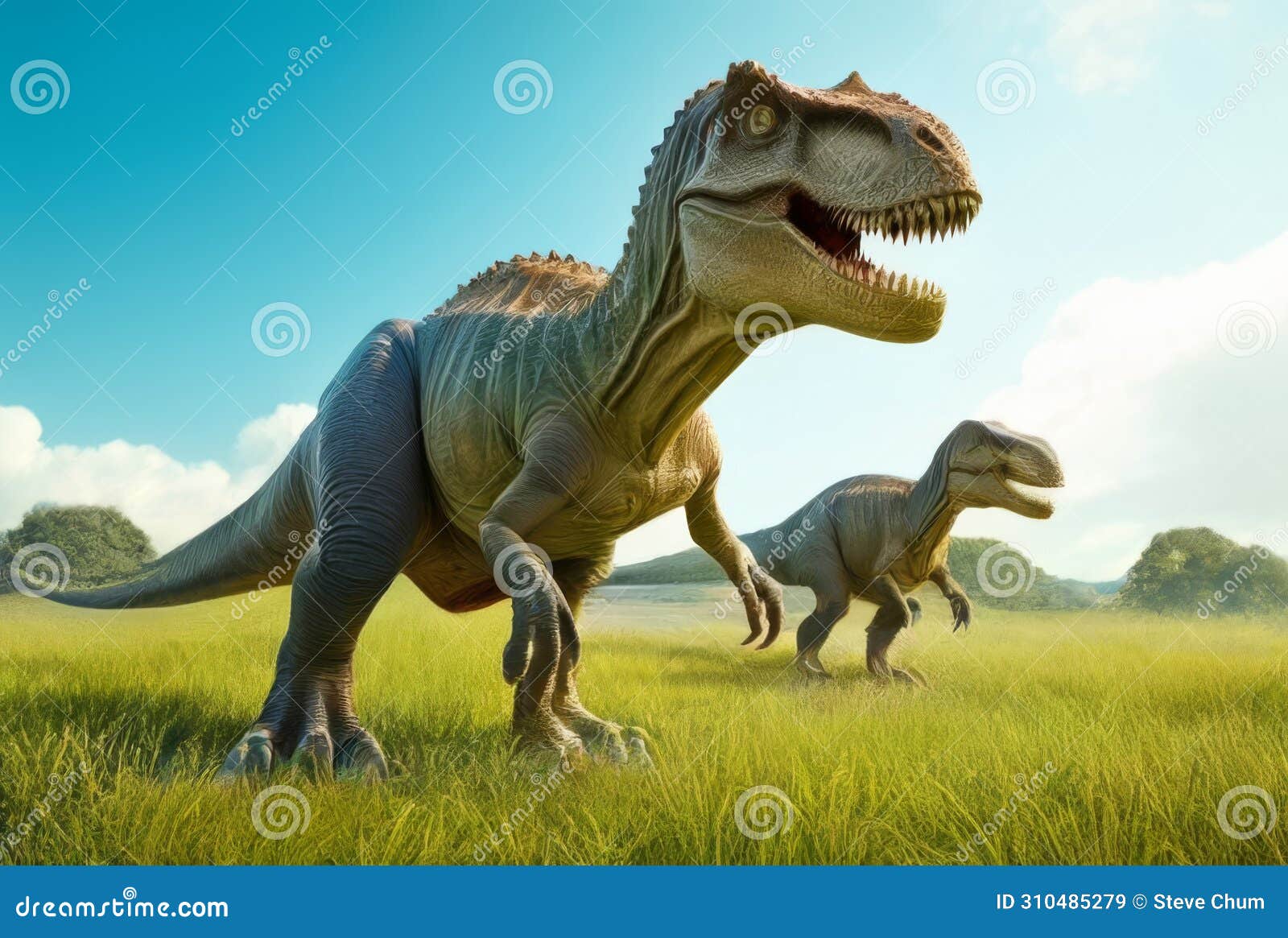 Dinosaur in the Meadow with Blue Sky, 3d Render Stock Illustration ...