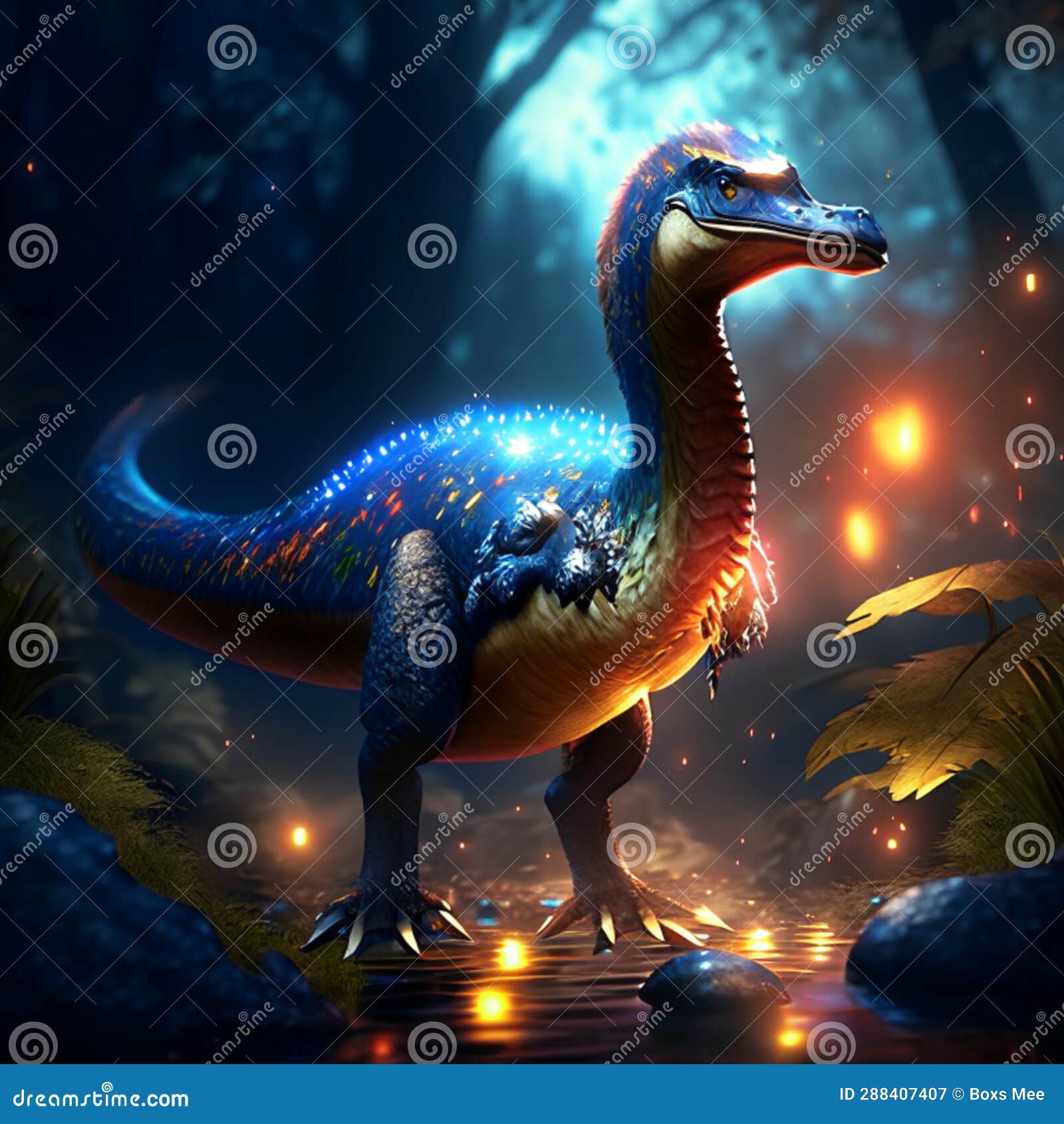 Dinosaur in the Night Forest. 3d Rendering. Computer Digital Drawing ...