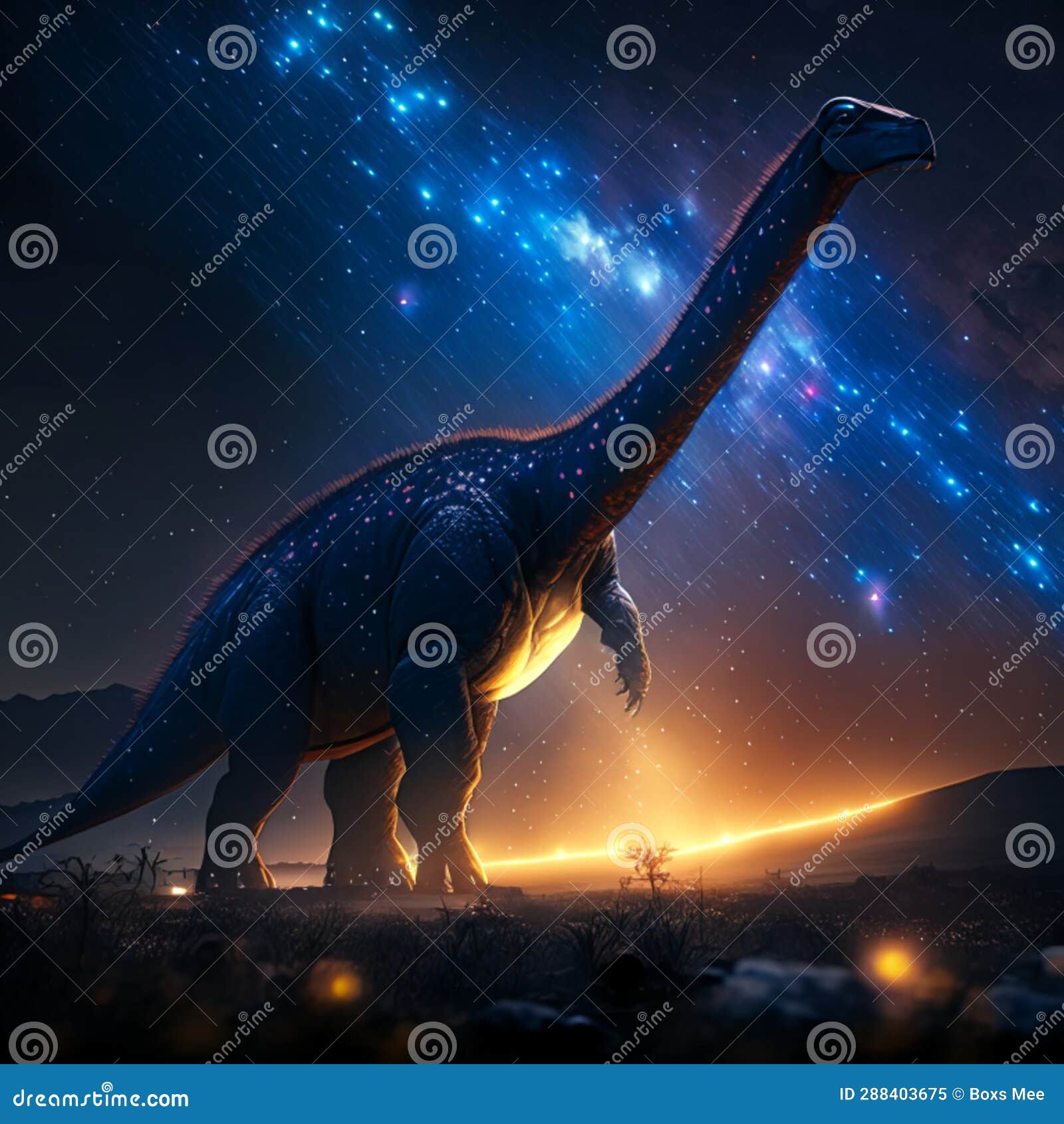 Dinosaur in the Night Starry Sky. 3d Rendering Stock Illustration ...