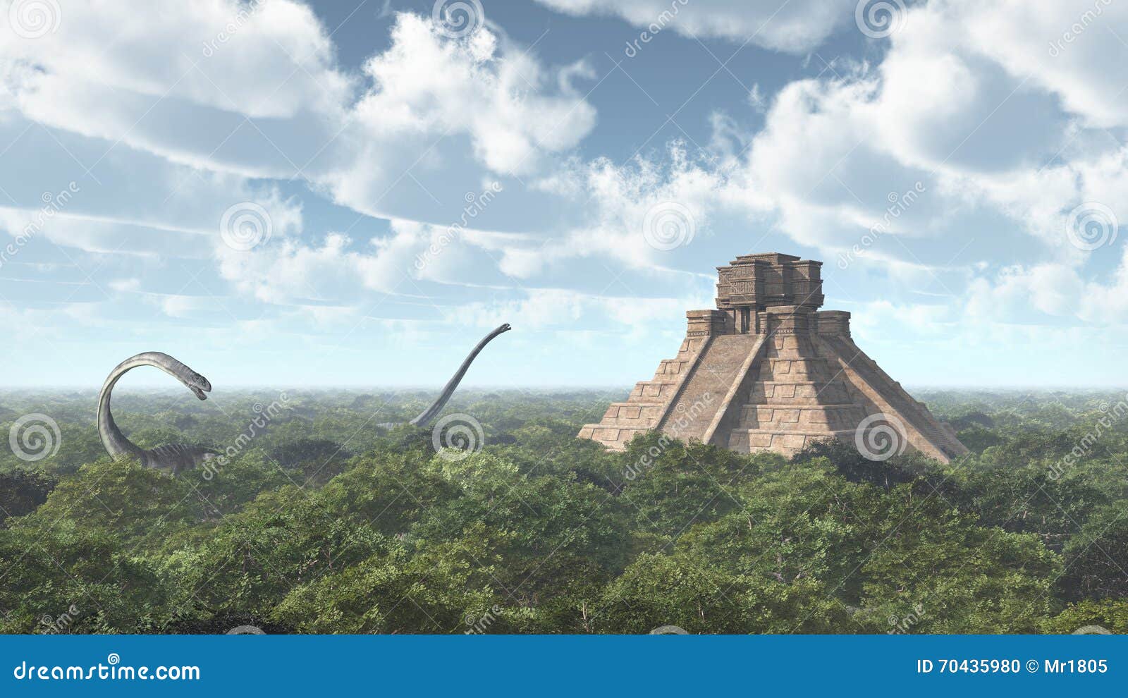 Dinosaur Omeisaurus and Mayan Temple Stock Illustration - Illustration ...