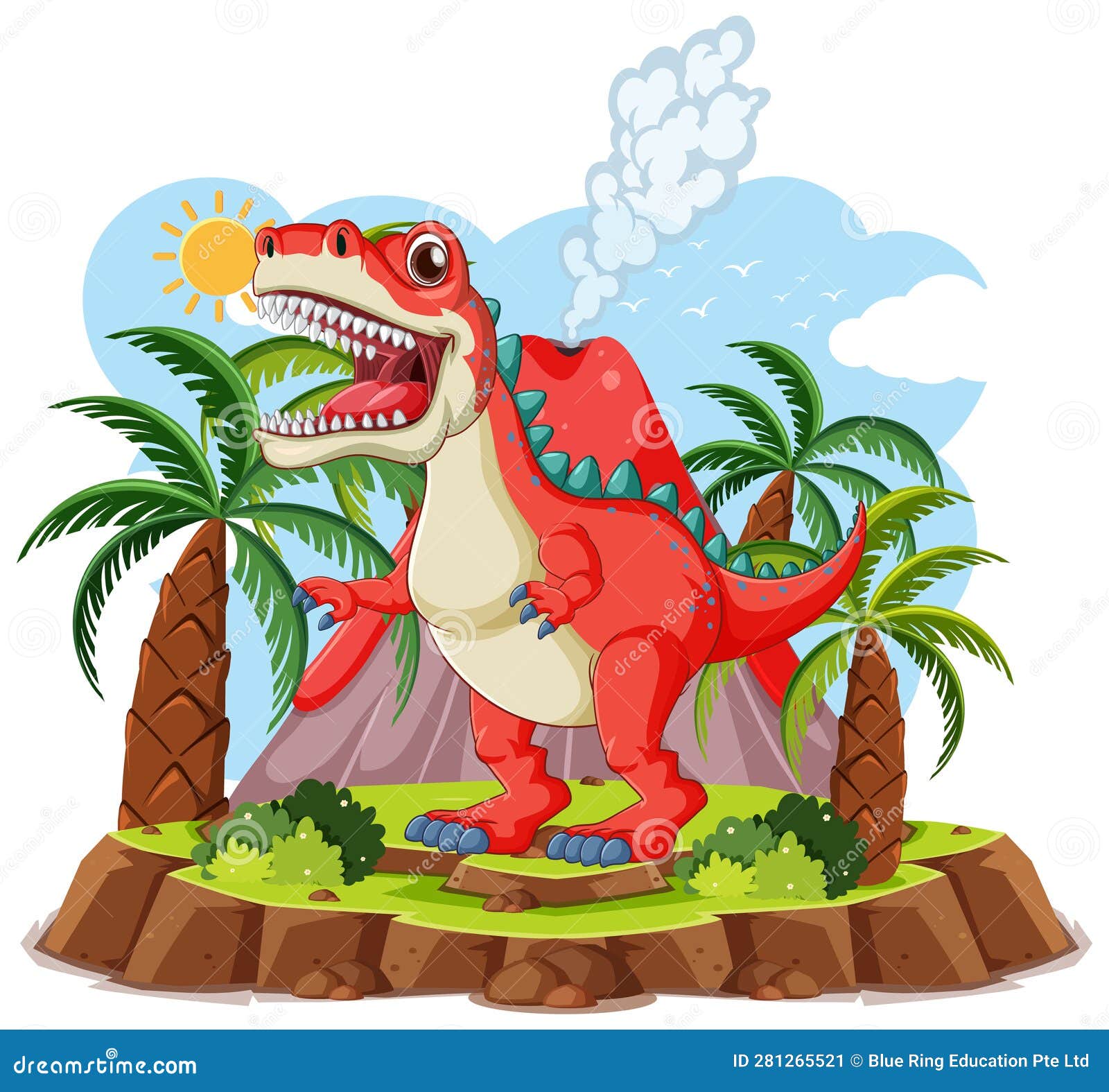 A Dinosaur On An Island With A Volcano. Cartoon Cute Beautiful ...