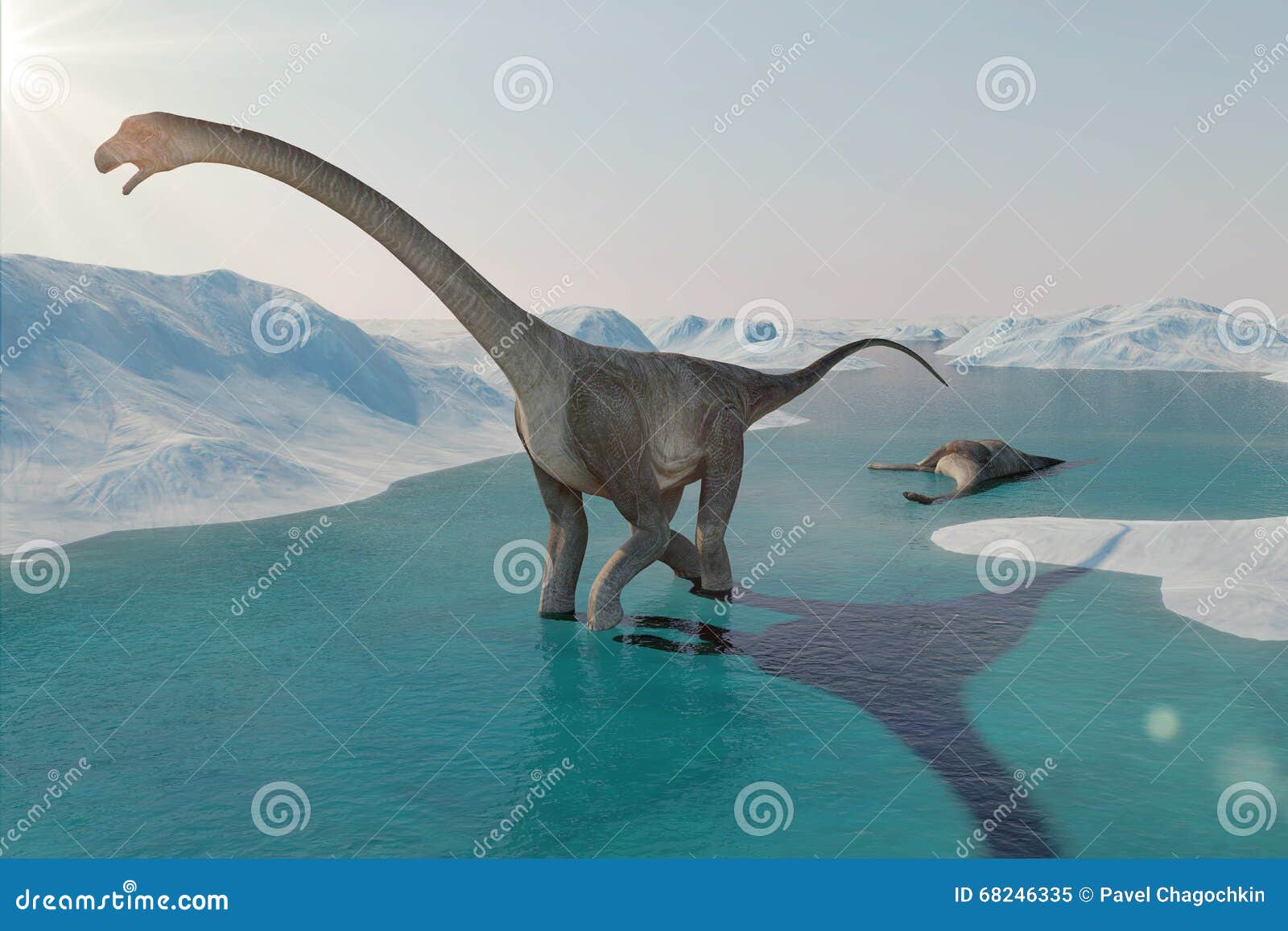 Dinosaur. Prehistoric Snow Landscape, Ice Valley with Dinosaurs Stock ...