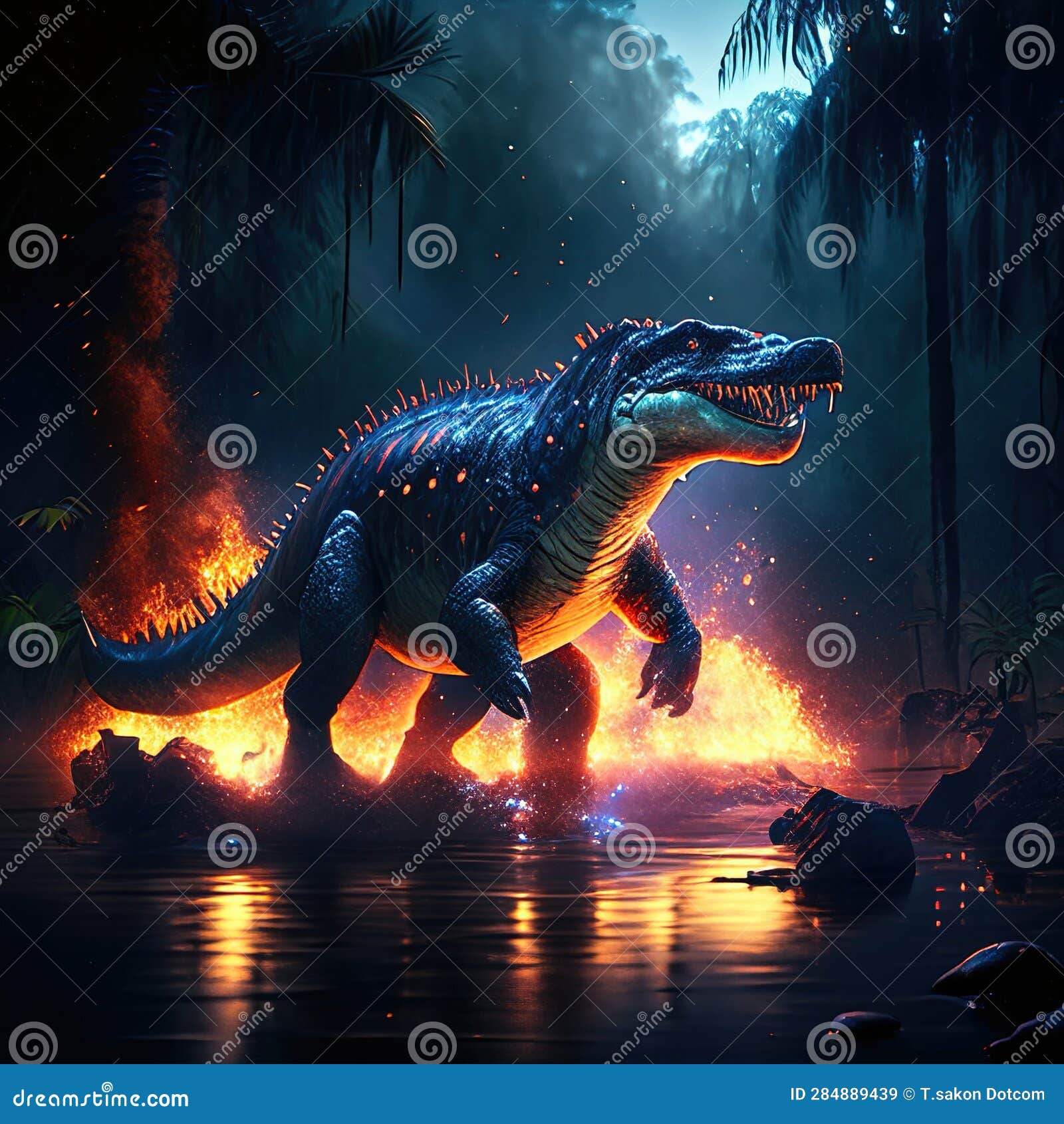 Dinosaur in the River with Fire and Smoke. 3d Rendering Generative AI ...