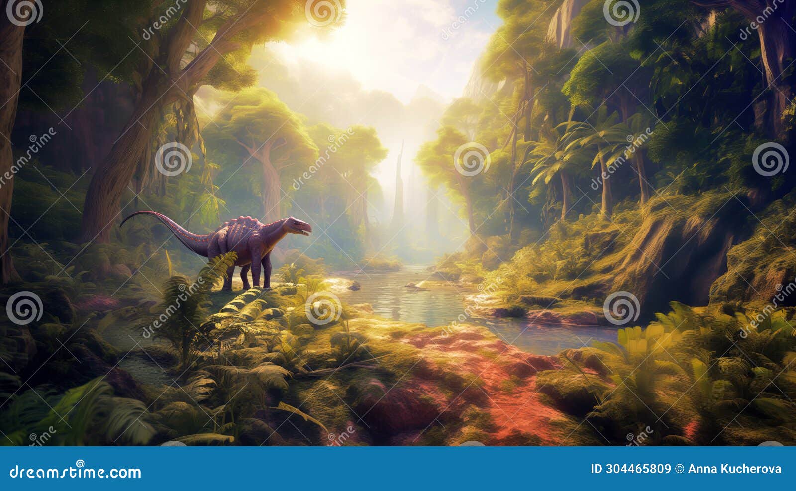 Dinosaur Roaming a Misty Prehistoric Jungle Stock Illustration ...