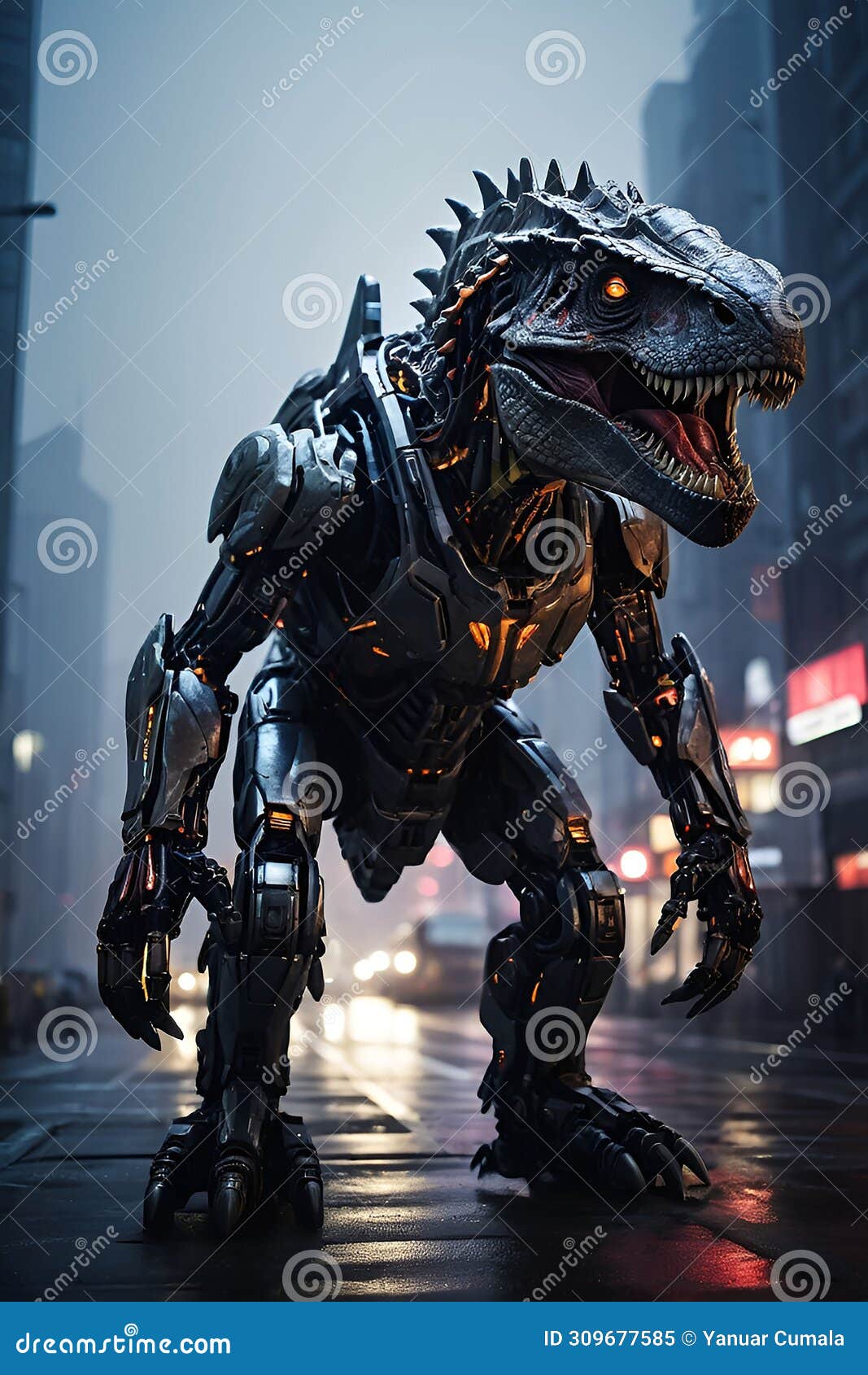 Robotic Dinosaur Rampage in the Modern City Stock Illustration ...