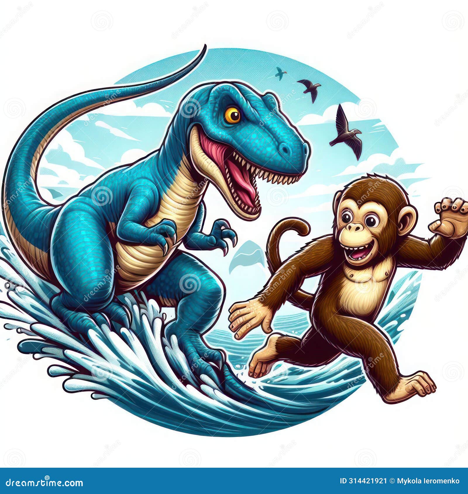A Dinosaur Runs after a Monkey. Stock Illustration - Illustration of ...