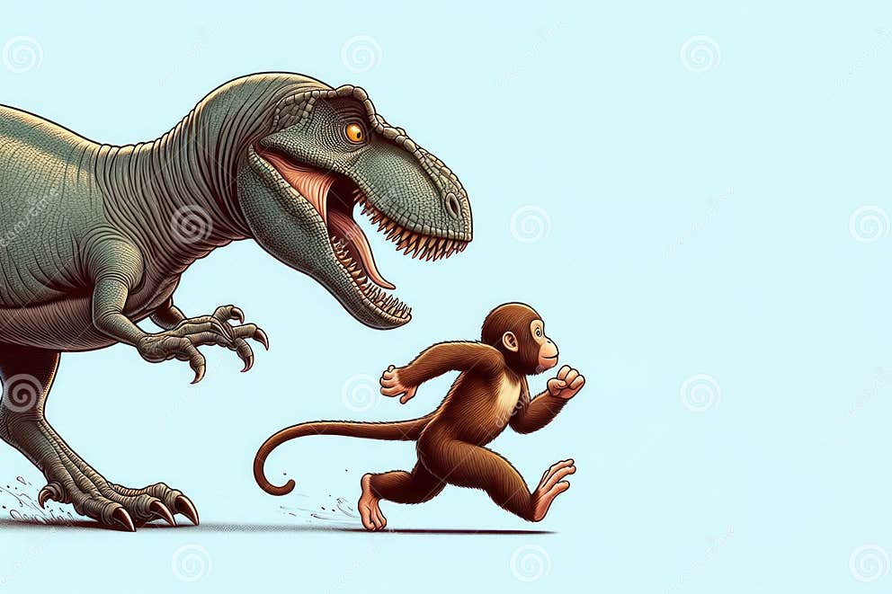 A Dinosaur Runs after a Monkey. Space for Text. Stock Photo - Image of ...